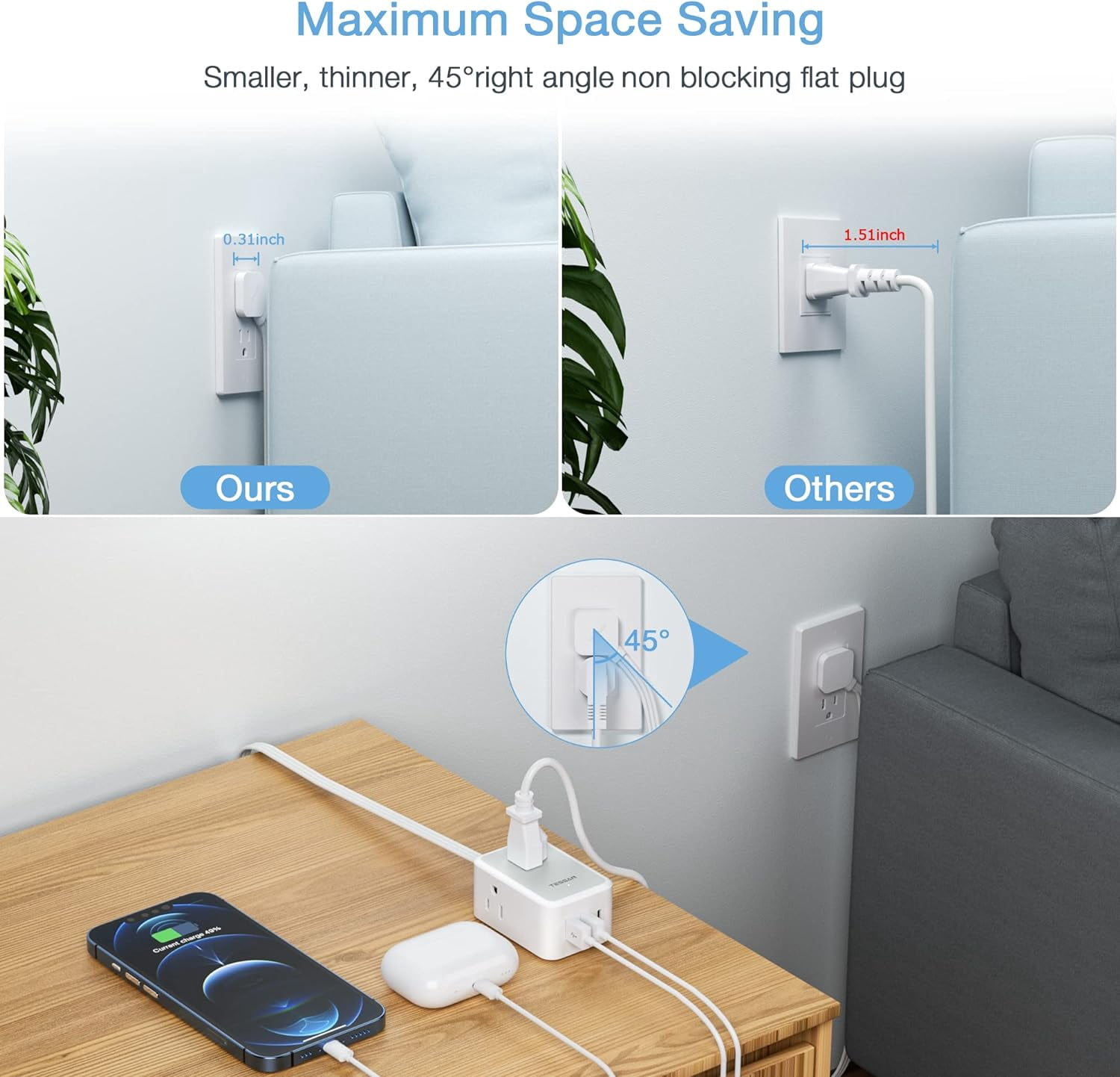YJYCSAH-Small Flat Plug Power Strip, Ultra Thin Extension Cord with 3 ...