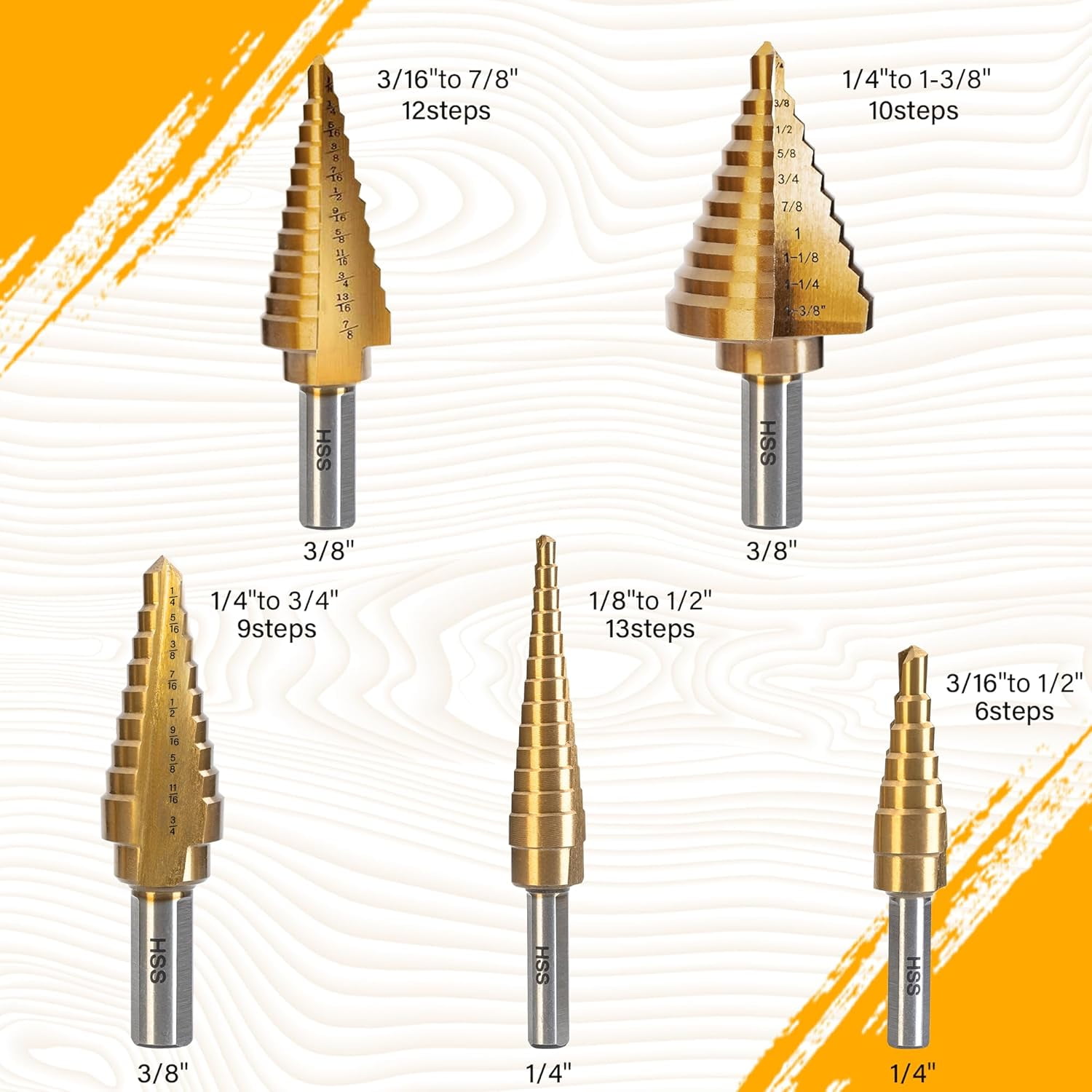 YJYCSAH-Step Drill Bit Set, 6 Pcs Titanium High Speed Steel Step Drill ...
