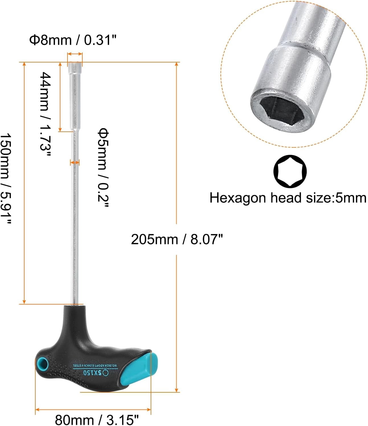YJYCSAH-T-Handle Metric Nut Driver 5mm Dia 15mm Shank 6 Point Hex ...