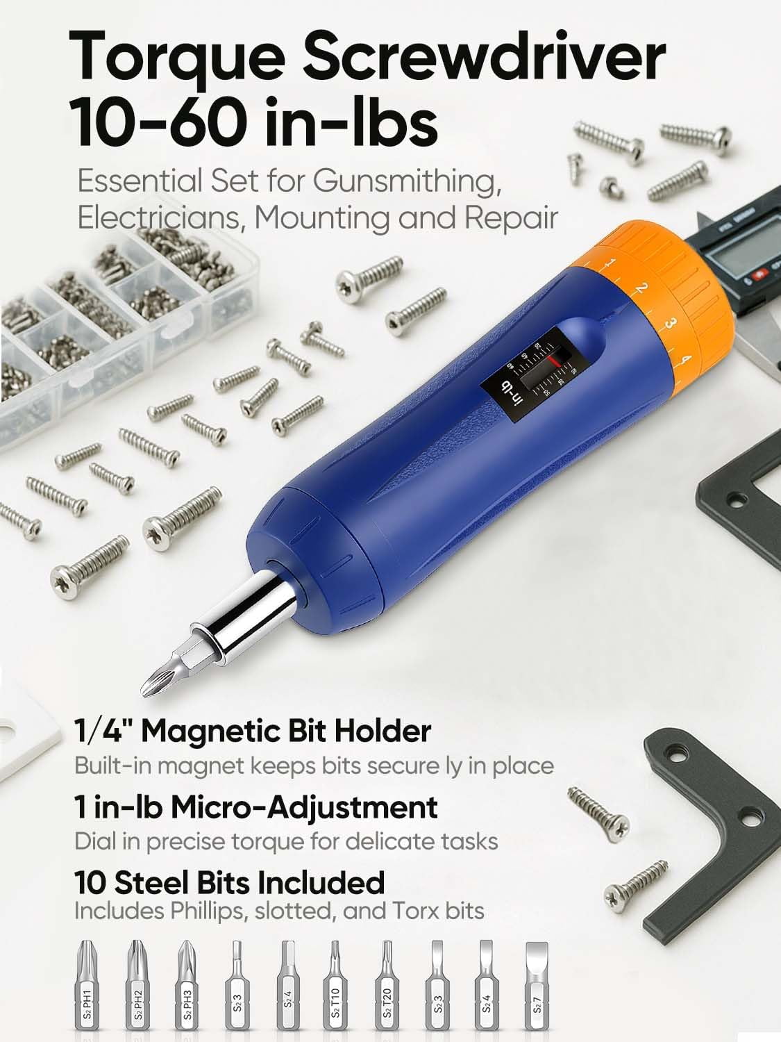 YJYCSAH-Torque Screwdriver 10\u201360 in-lb, 1/4 Inch Drive Adjustable Torque Wrench Set with S2 ...