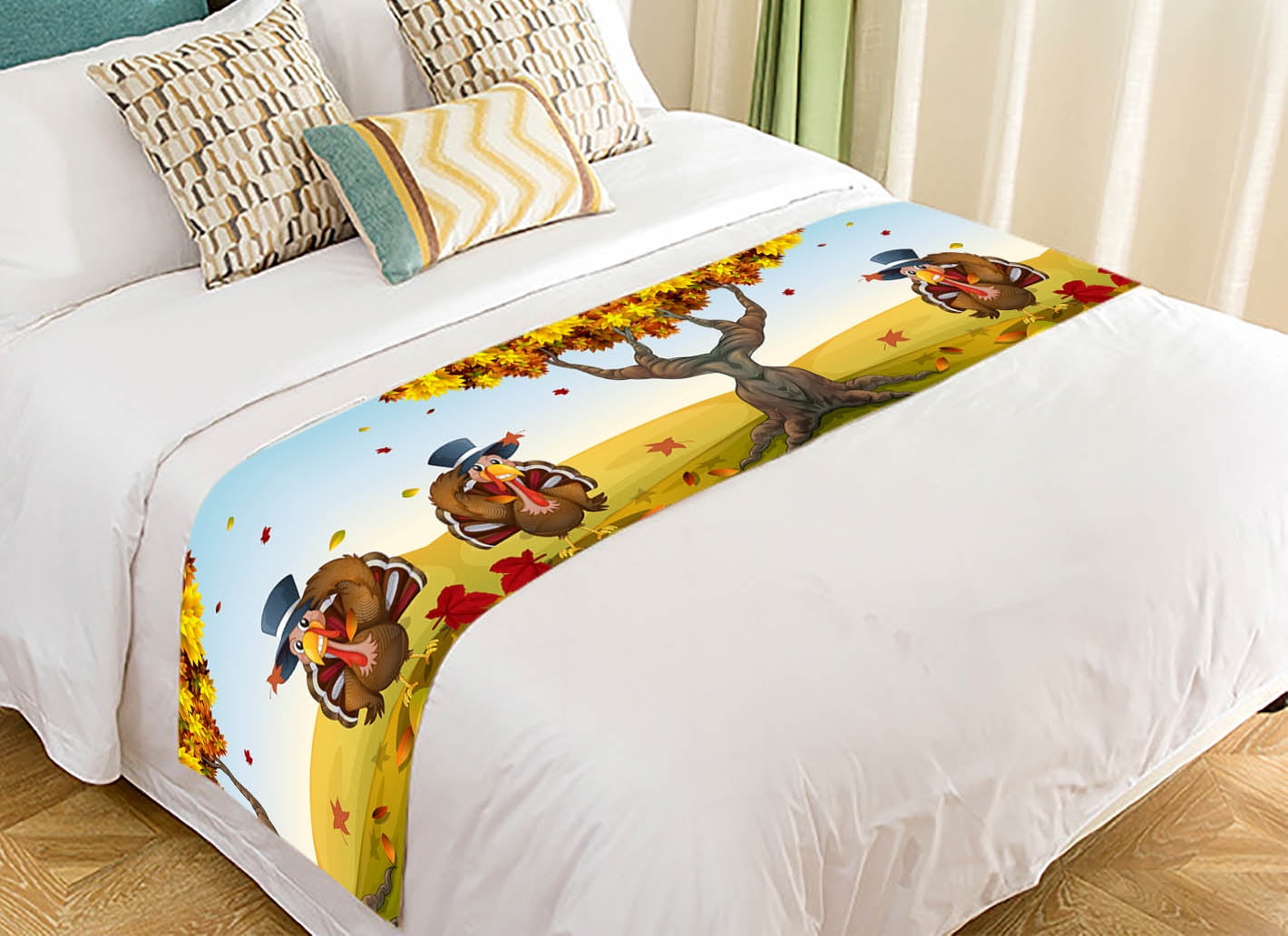 YKCG Thanksgiving Turkey Autumn Scenery Bed Runner Bedding Scarf Size ...