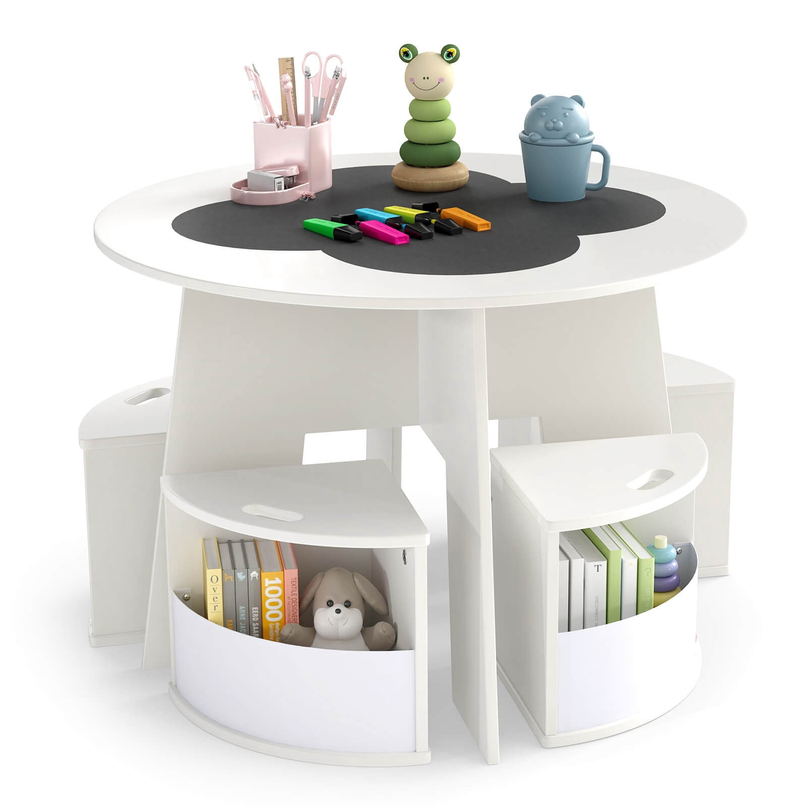 YKITRD 5-Piece Table and Stool Set with Writable Blackboard Top ...