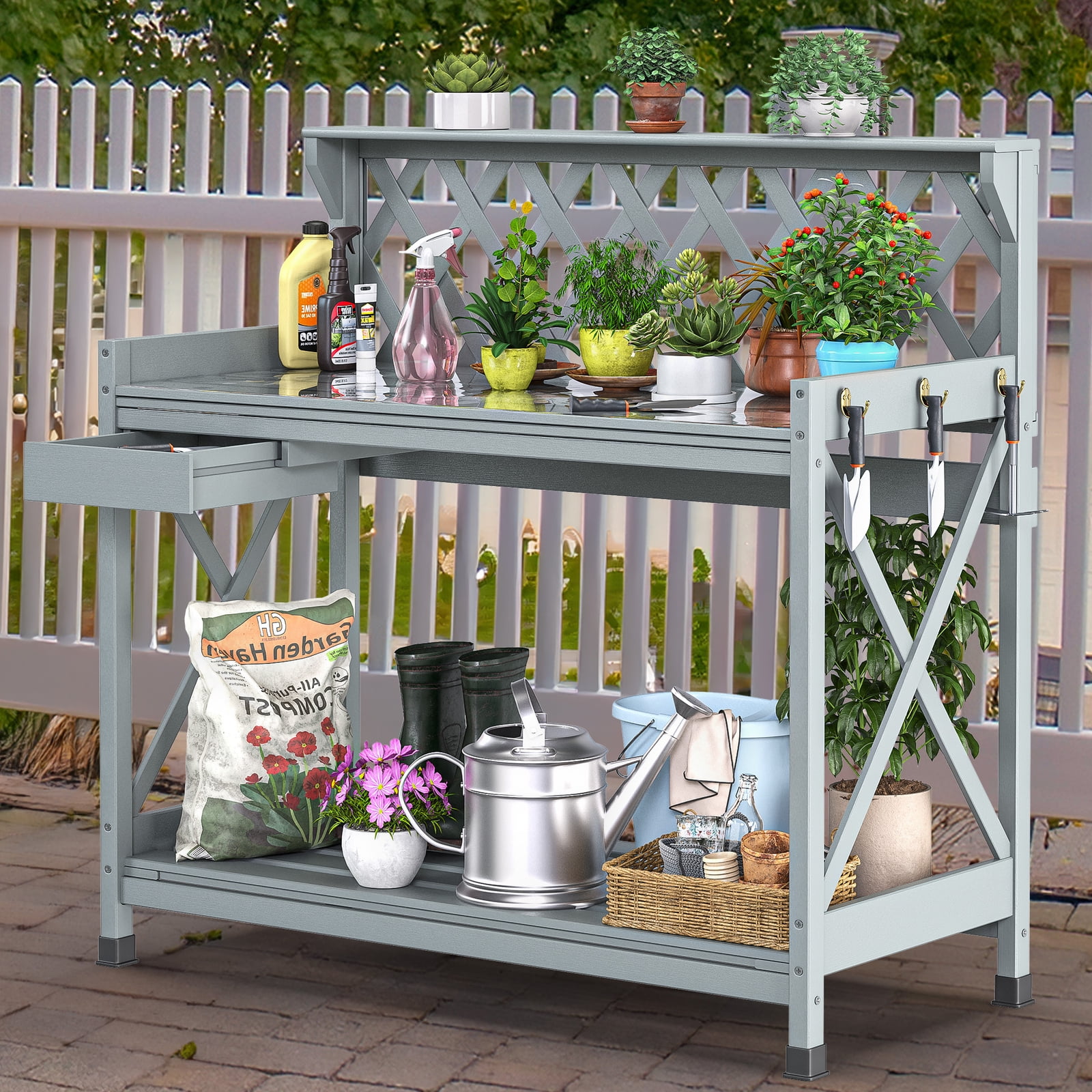 YKITRD Outdoor Garden Gardening Workbench with Drawers and Storage Shelves Potting Bench Home ...