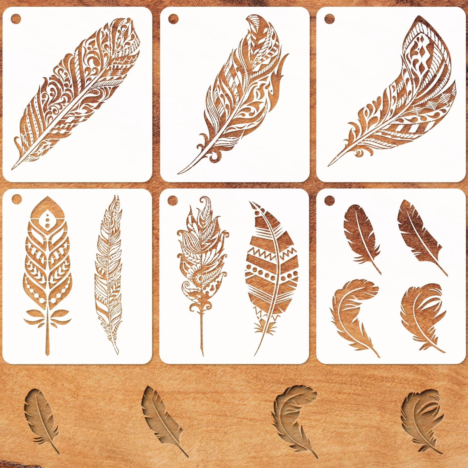 YKW Feather StencilsTRDN for Painting, 6 Pack Reusable Boho Feather ...
