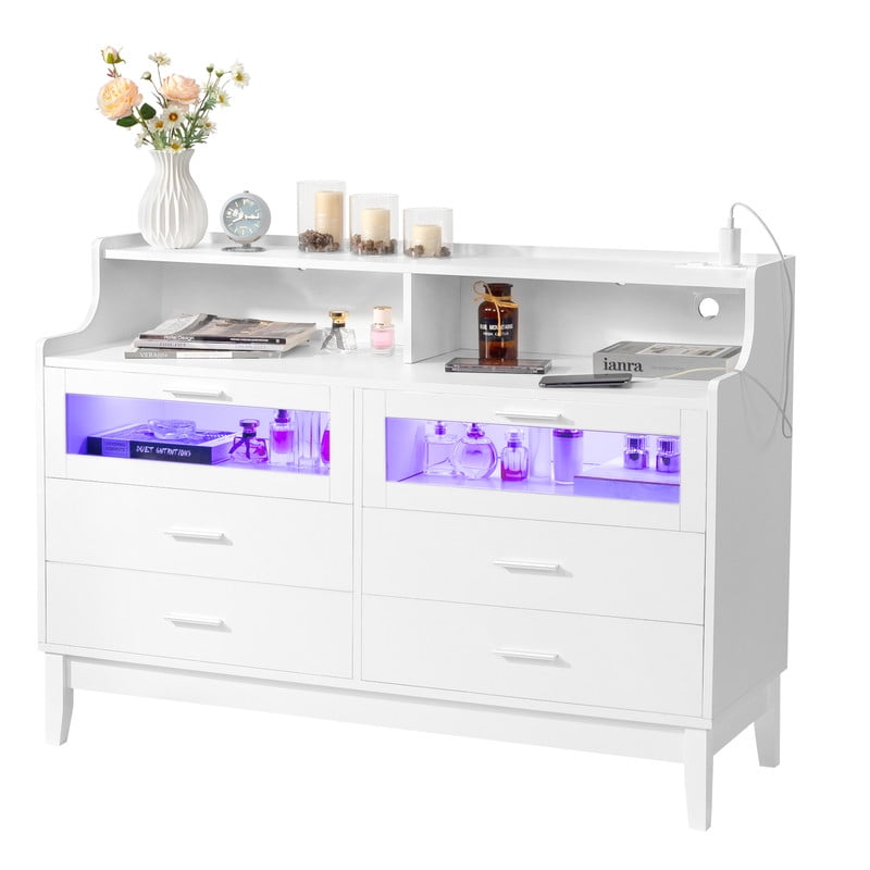 YLCW 6 Drawers Dresser with LED Lights and Charging Station, Chest of ...