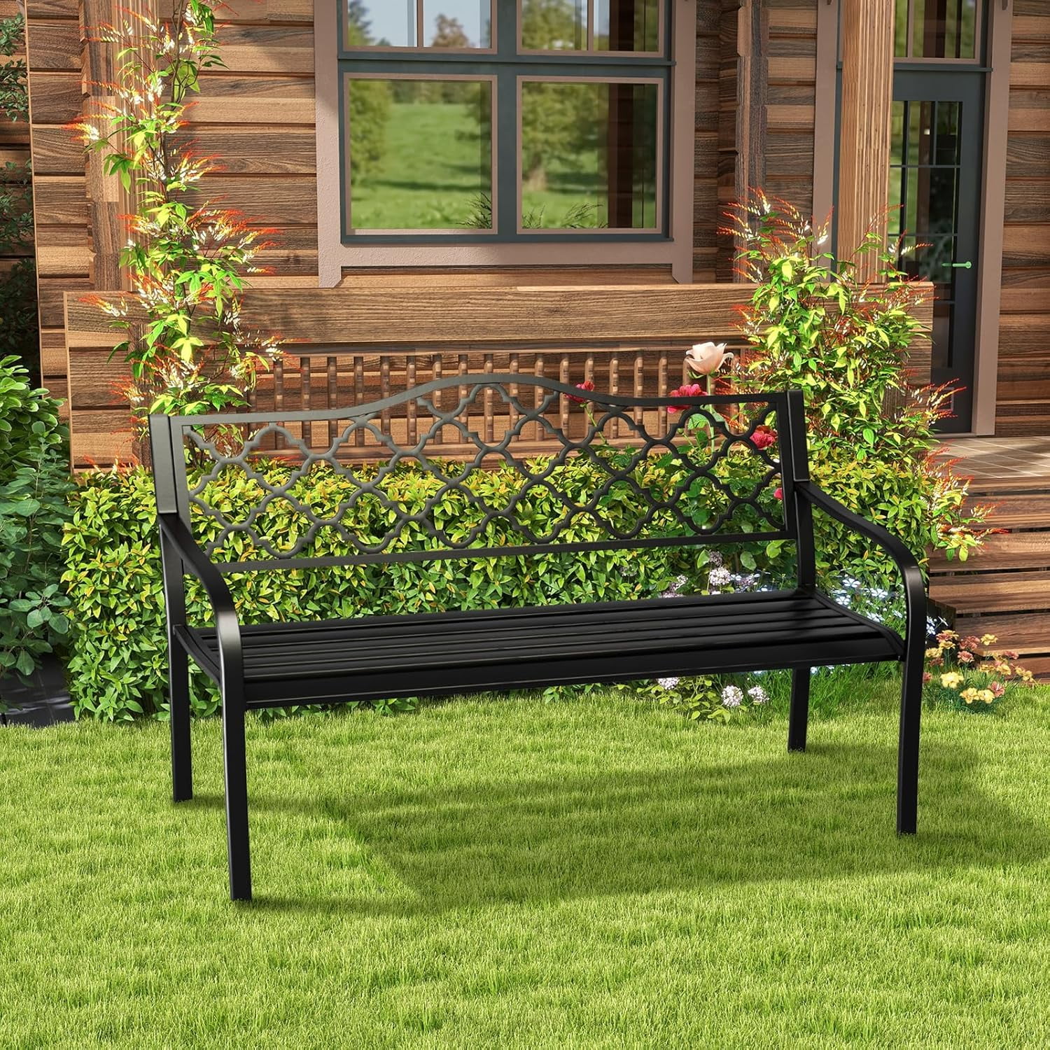 YLGJ&TIDY 50" Outdoor Bench, Metal Garden Bench with Ergonomic Backrest ...