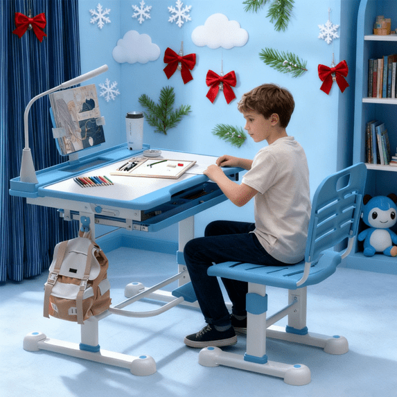 Kids Adjustable Desk & Chair Set with LED Light & Tilt Top, Study Table ...