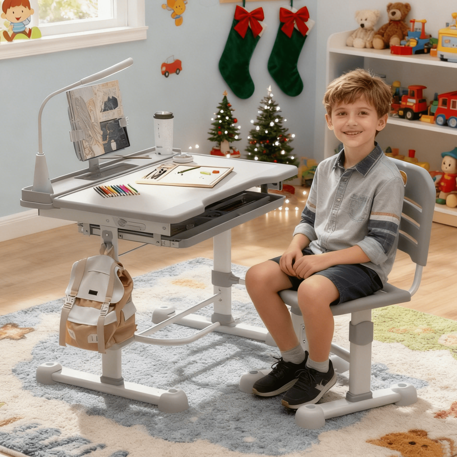 Kids Adjustable Desk & Chair Set with LED Light & Tilt Top, Study Table ...