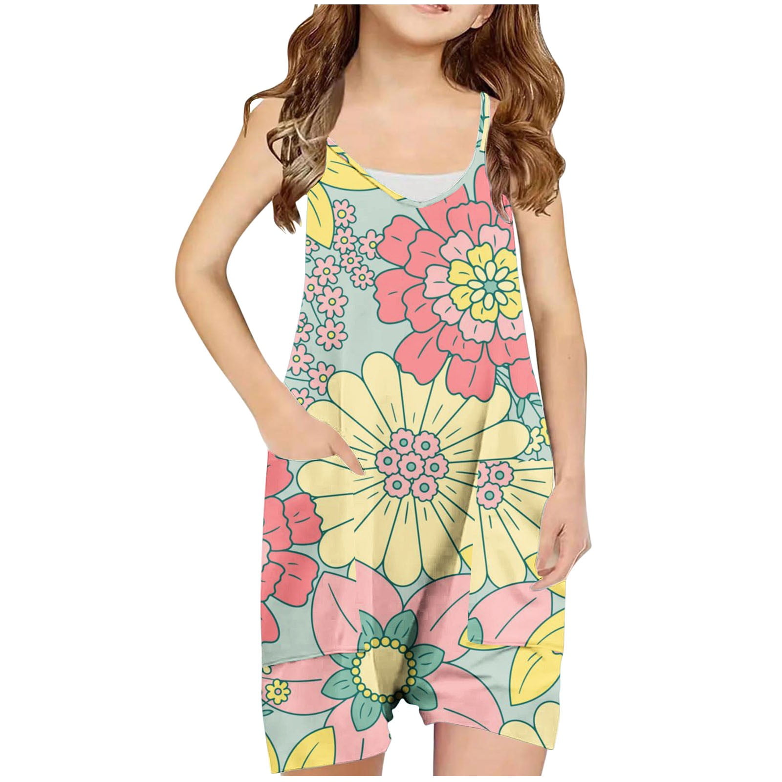 YLSDL Girls' Loose Jumpsuit Summer Beach Romper Cute Floral Printed ...