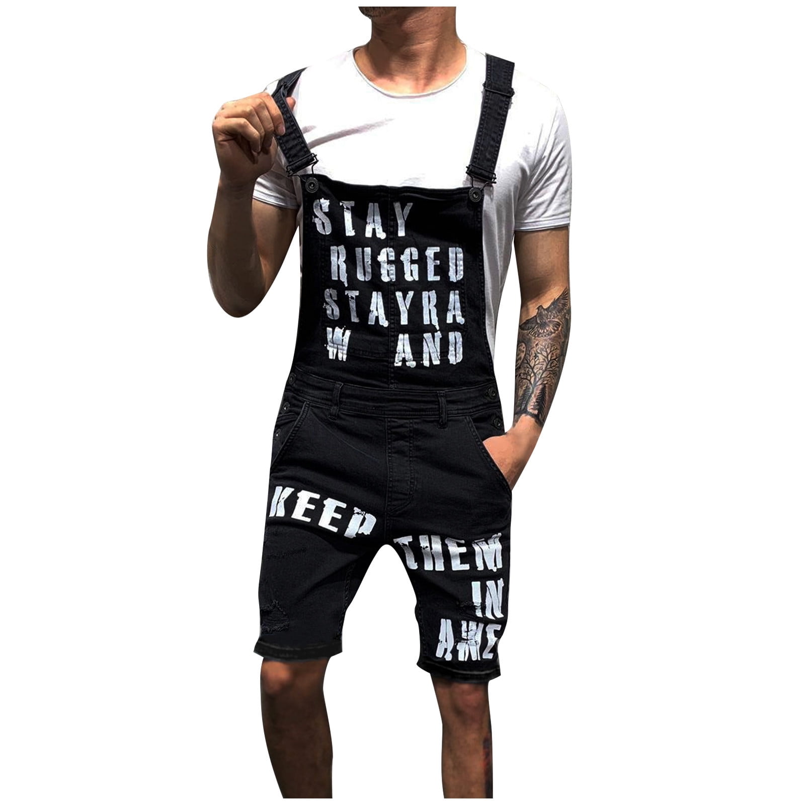 YLSDL Men's Slim Fit Bib Overalls Denim Ripped Funny Letter Print ...