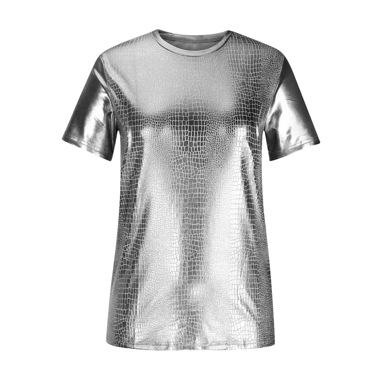 YLSDY Mens Shiny-Metallic Shirts Short Sleeve Blouse Round Neck Summer ...