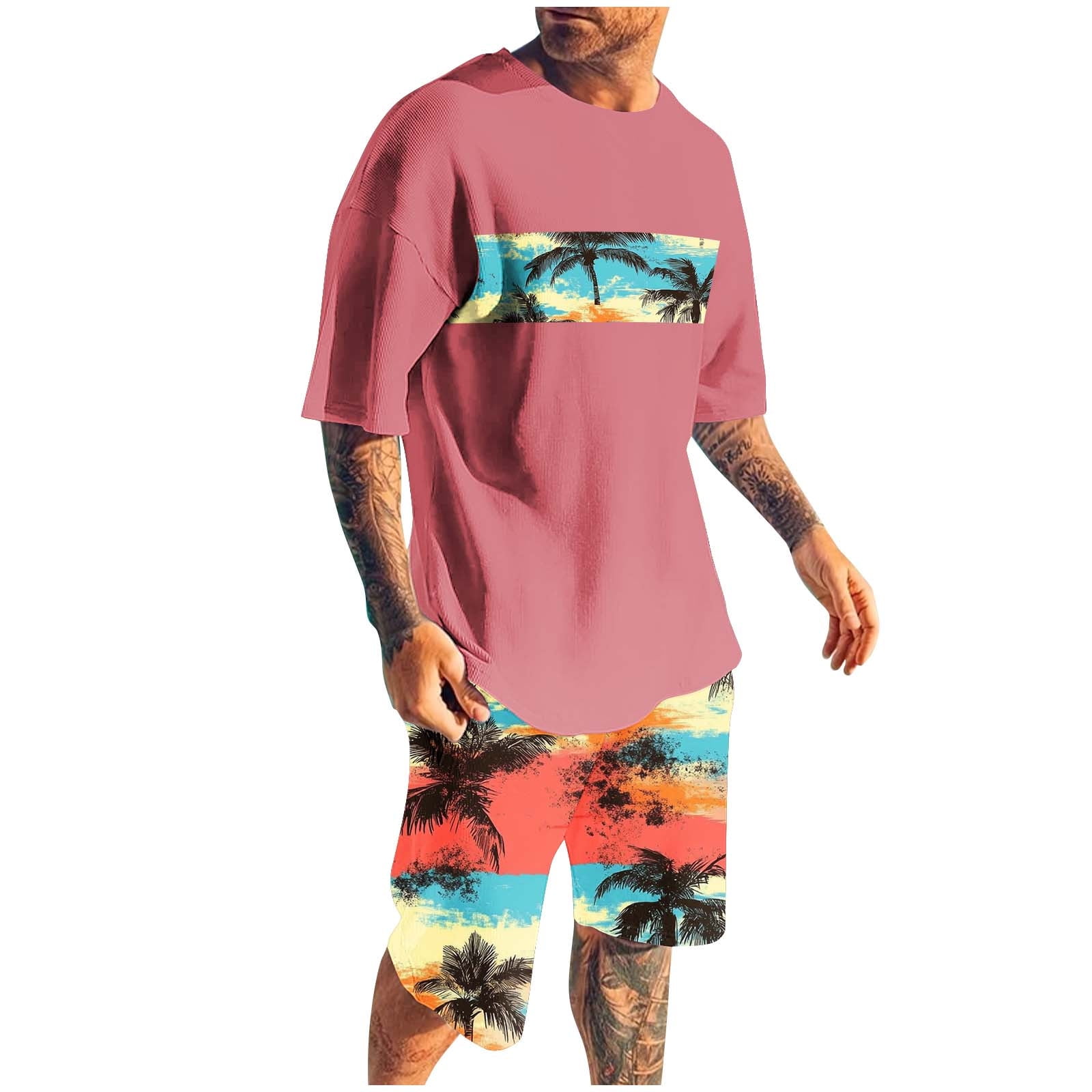 YLSDY Men's 2 Pieces Outfit Short Sleeve Hawaiian Print Tee and Graphic ...