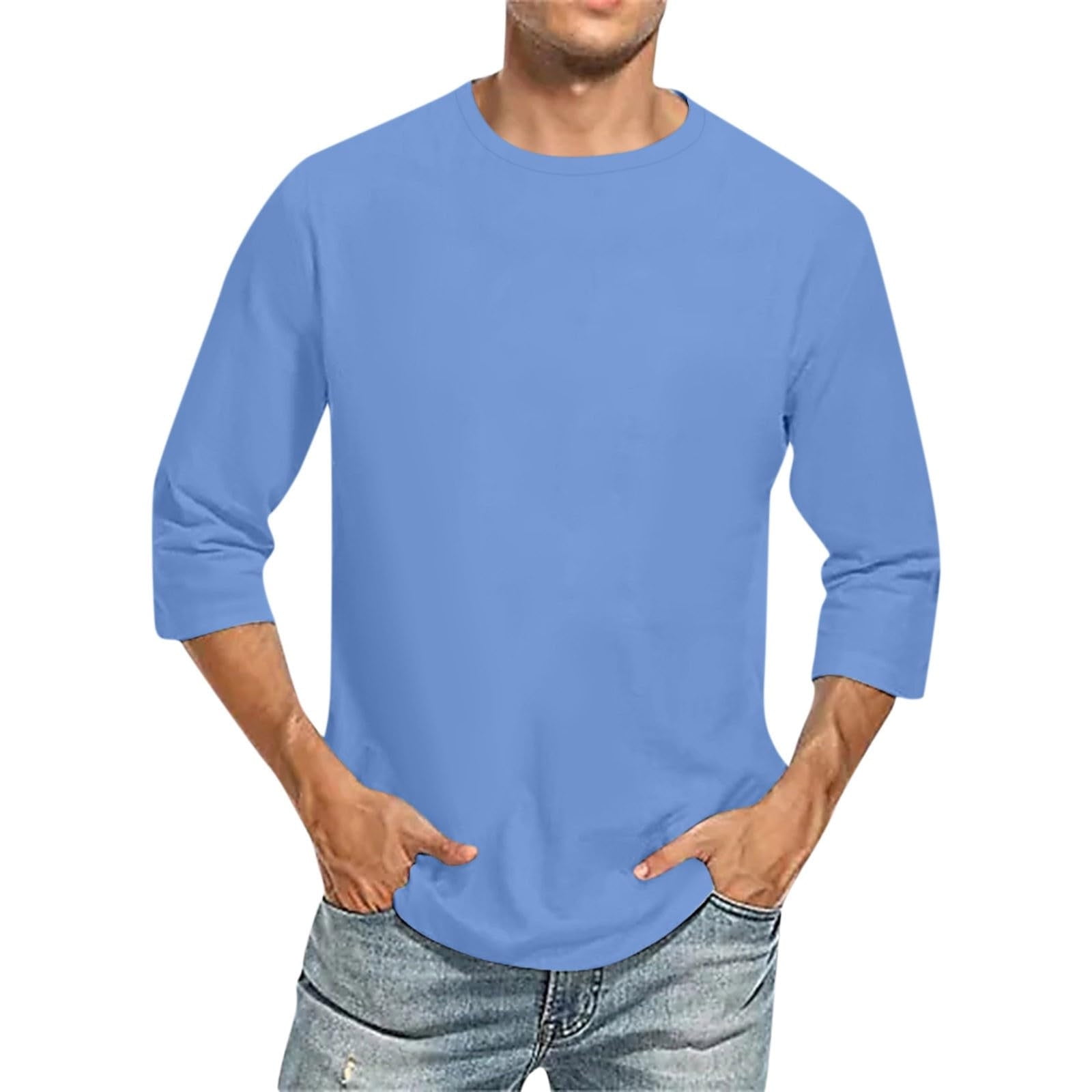 YLSDY Men's Basic 3/4 Sleeve Crew Neck T-Shirt Loose Fit Tee Light Blue ...