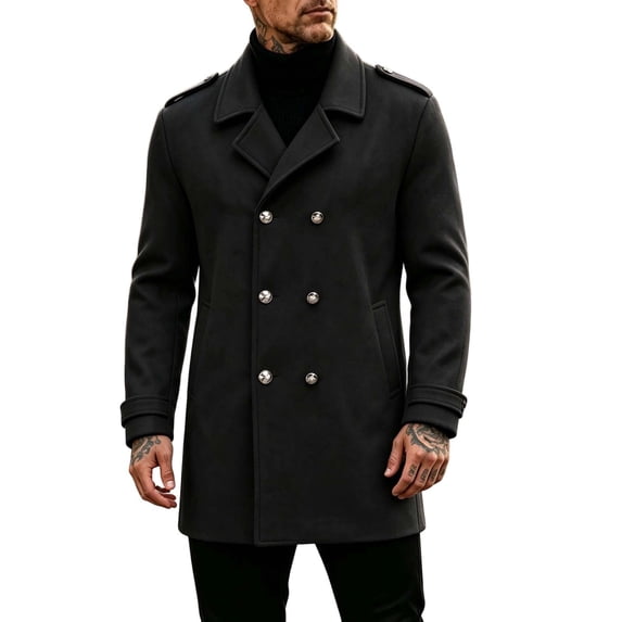 YLSDY Men's Double Breasted Mid‑Length Overcoat Notched Lapel Epaulet ...