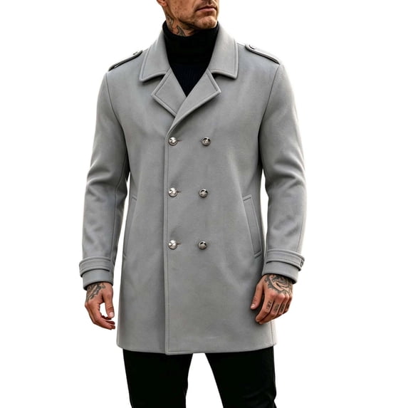 YLSDY Men's Double Breasted Mid‑Length Overcoat Notched Lapel Epaulet ...