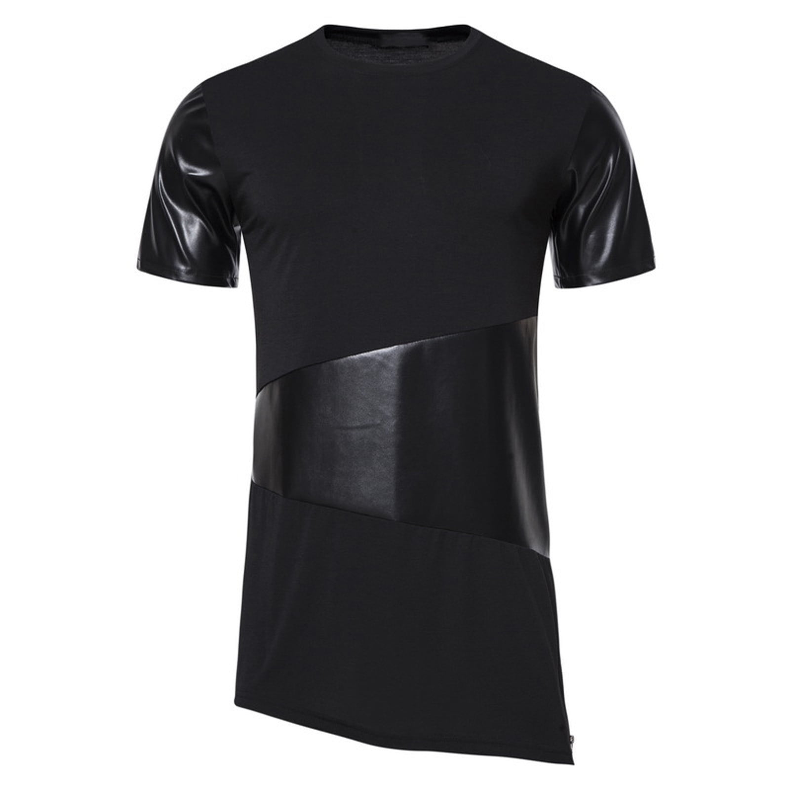 YLSDY Men's Leather Patchwork T-shirts Short Sleeve Crew Neck Shirts ...