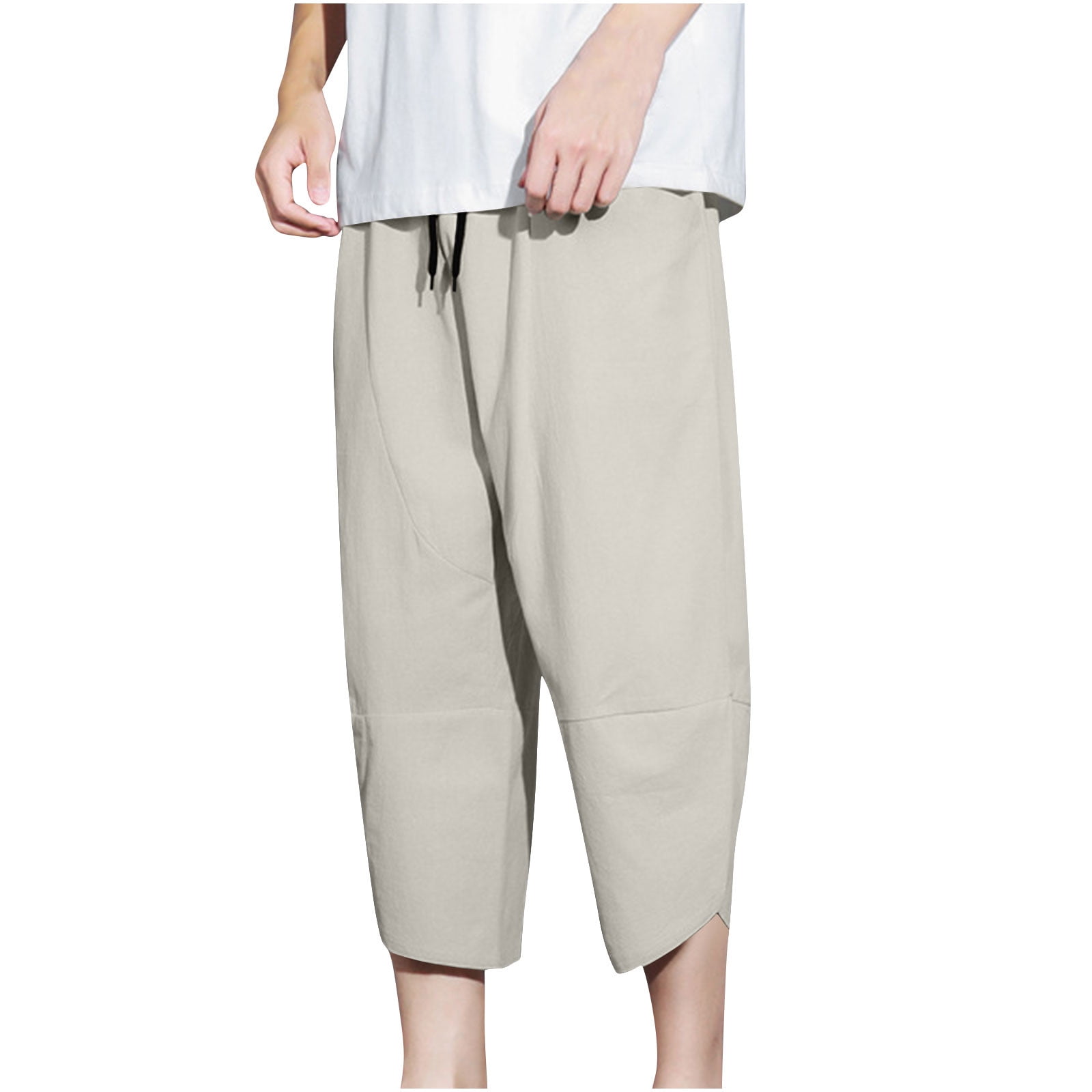 YLSDY Men's Linen Harem Capri Pants Lightweight Elastic Waist Wide Leg ...