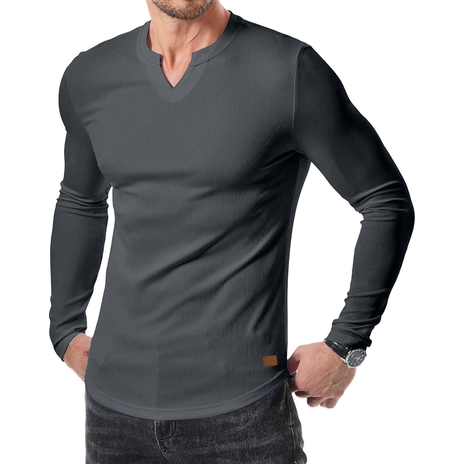 YLSDY Men's Long Sleeve V-Neck Ribbed T-Shirt Slim Fit Basic Tops Shirt ...
