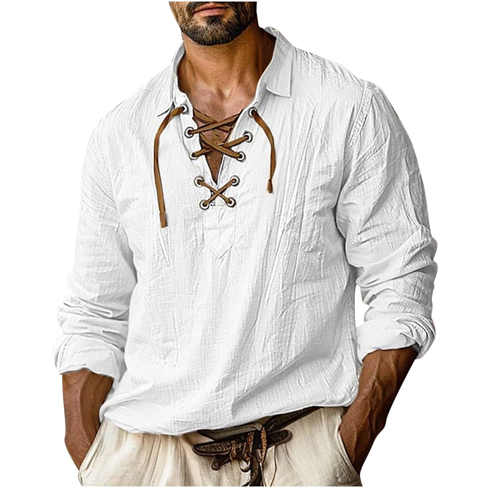 YLSDY Men's Medieval Renaissance Pirate Shirt Vintage Linen Tunic Tops V-Neck Long Sleeve Lace ...