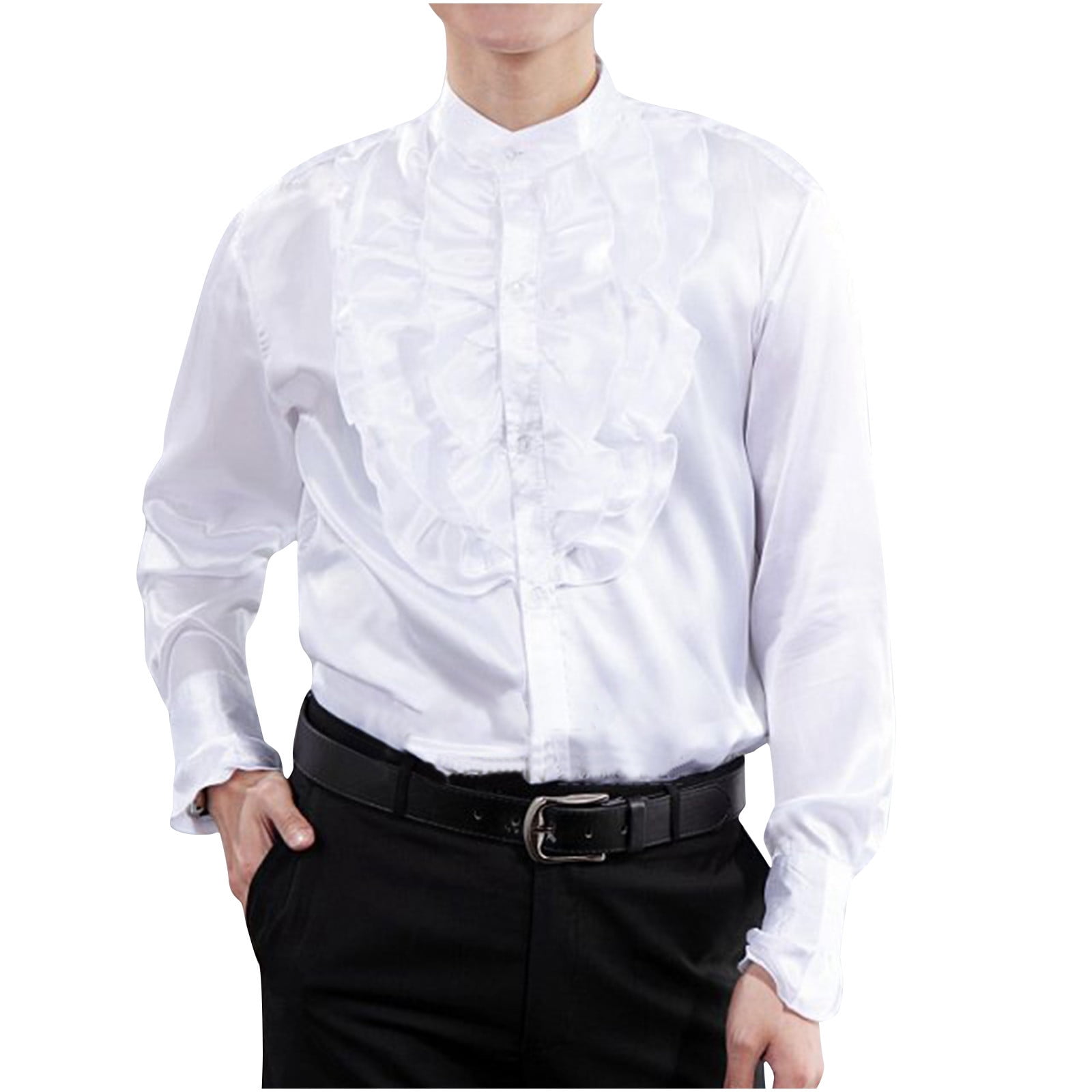 YLSDY Men's Ruffled Dress Shirt Long Sleeve Stand Collar Button Down Formal Wedding Party Shirts ...