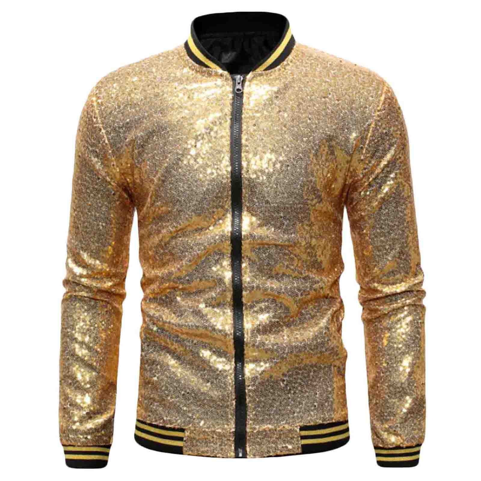 YLSDY Men's Sequin Bomber Jacket Party Clubwear Long Sleeve Gold Trim ...