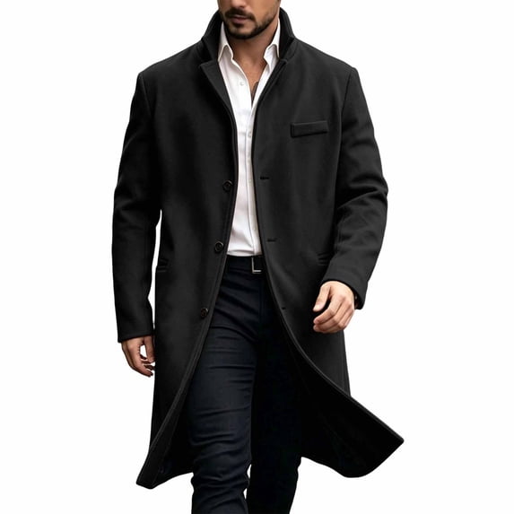 YLSDY Men's Stand Collar Long Overcoat Button Front Closure Chest Welt ...