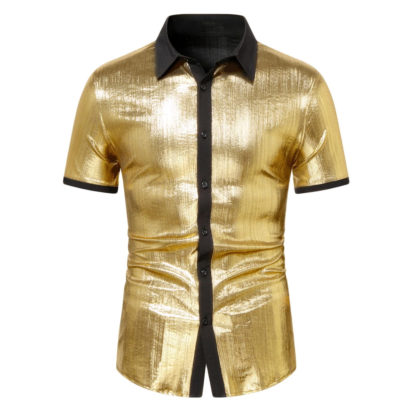YLSDY Men's Summer Shiny Gold Button Down Dress Shirt Club Party Short ...
