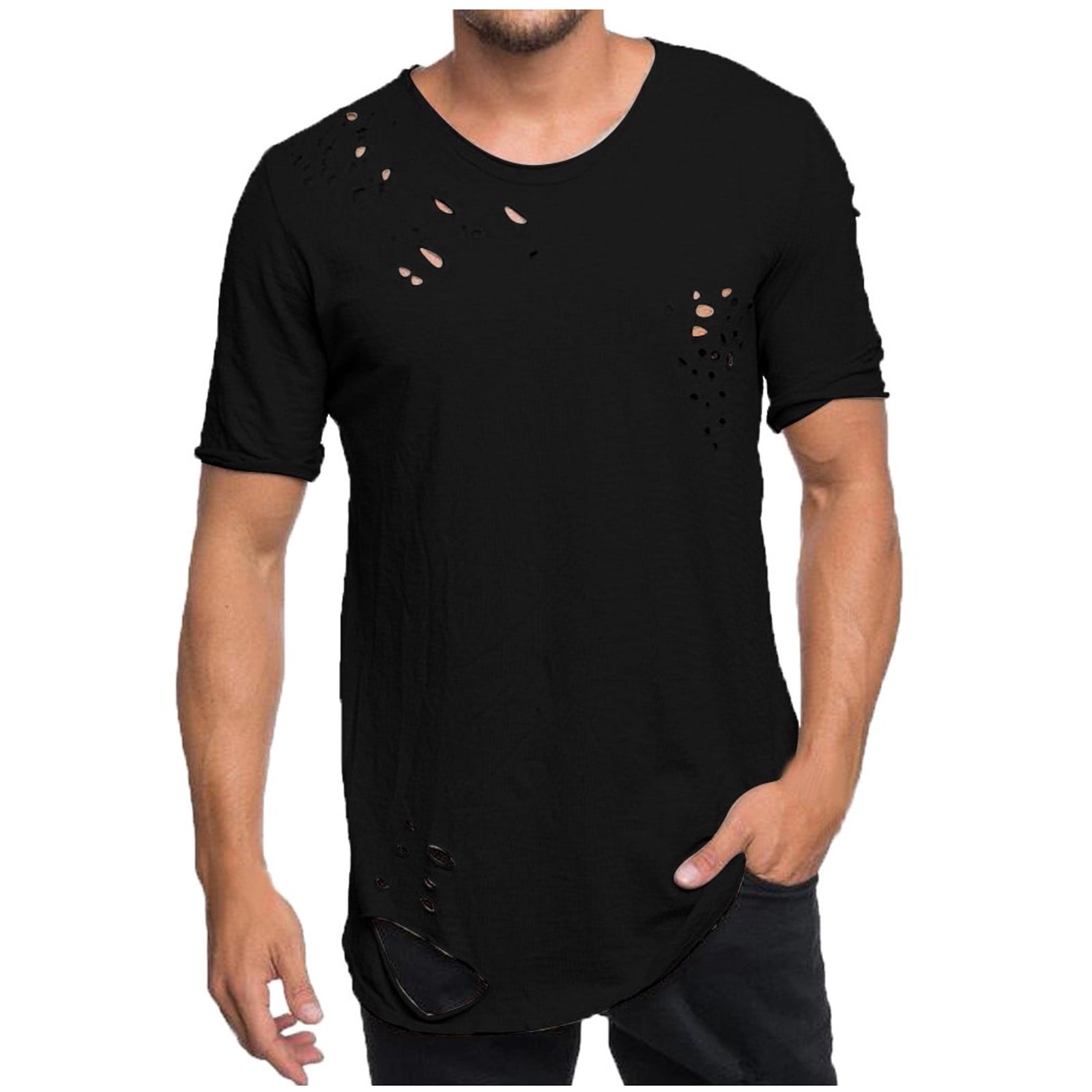 YLSDY Mens Holes Ripped Shirts Trendy Workout Elegant Solid Color Basic ...