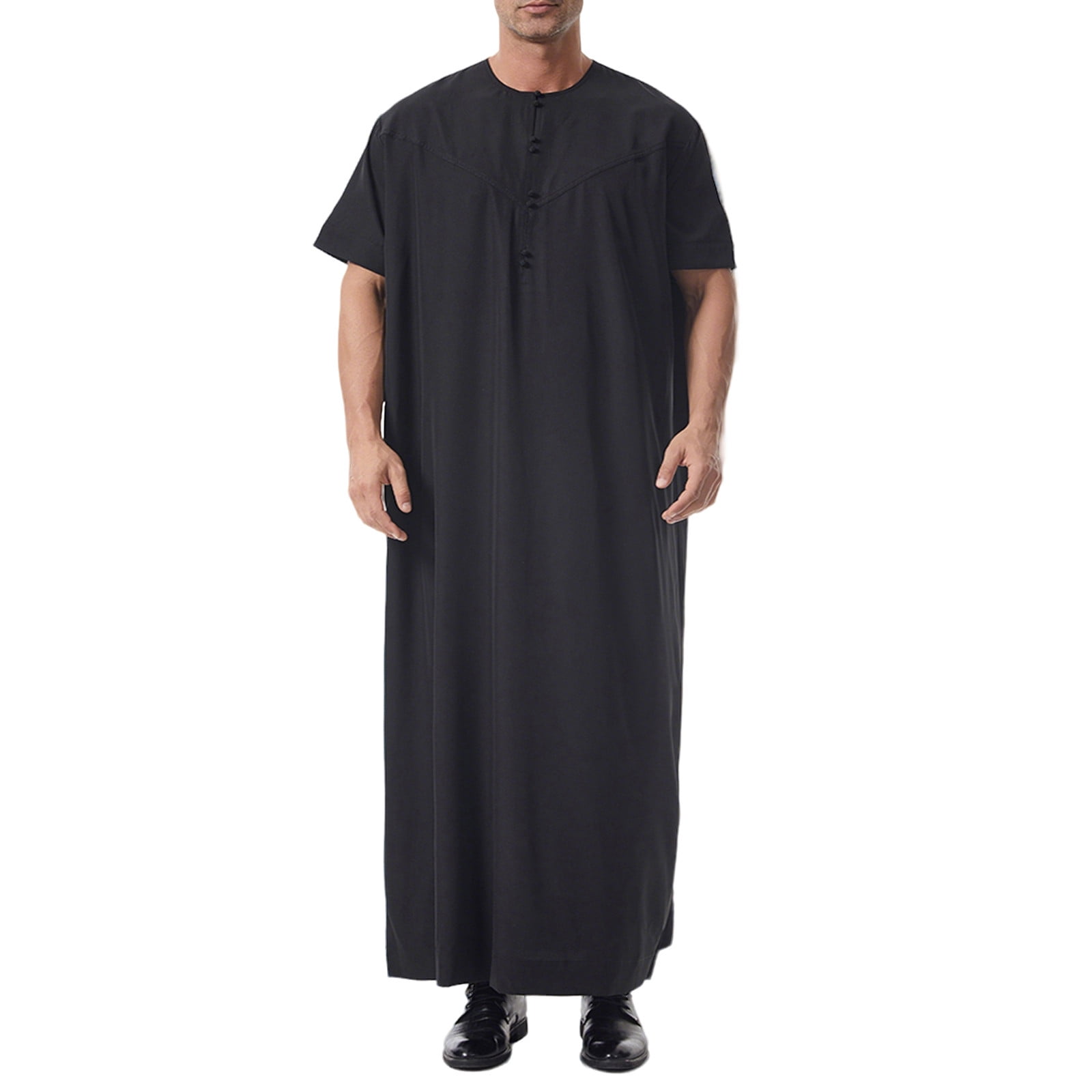 YLSDY Mens Kaftan Thobe V-Neck Half Sleeve Muslim Robe Dubai Long Gown ...