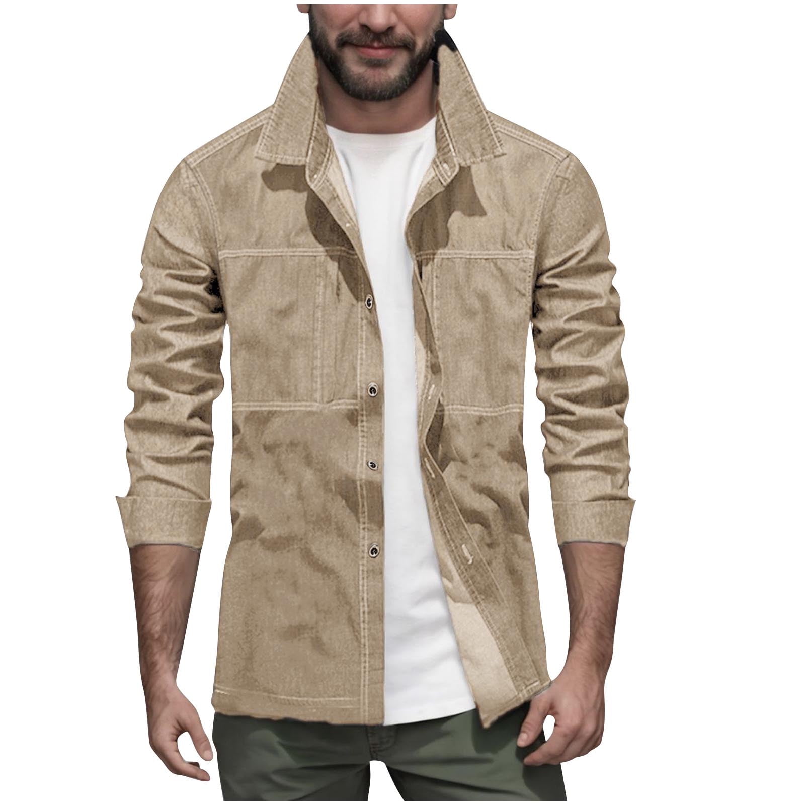 YLSDY Shirt Jacket for Men with Zipper Pockets Long Sleeve Casual ...