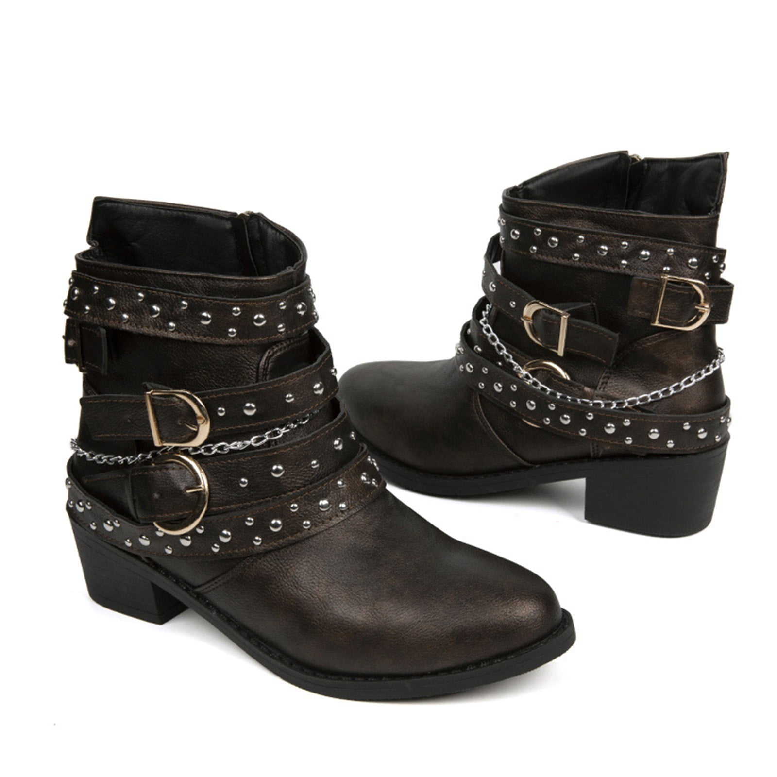 KIJBLAE Women's Ankle Boots Faux Suede Buckles Chain Studded Low Heel ...