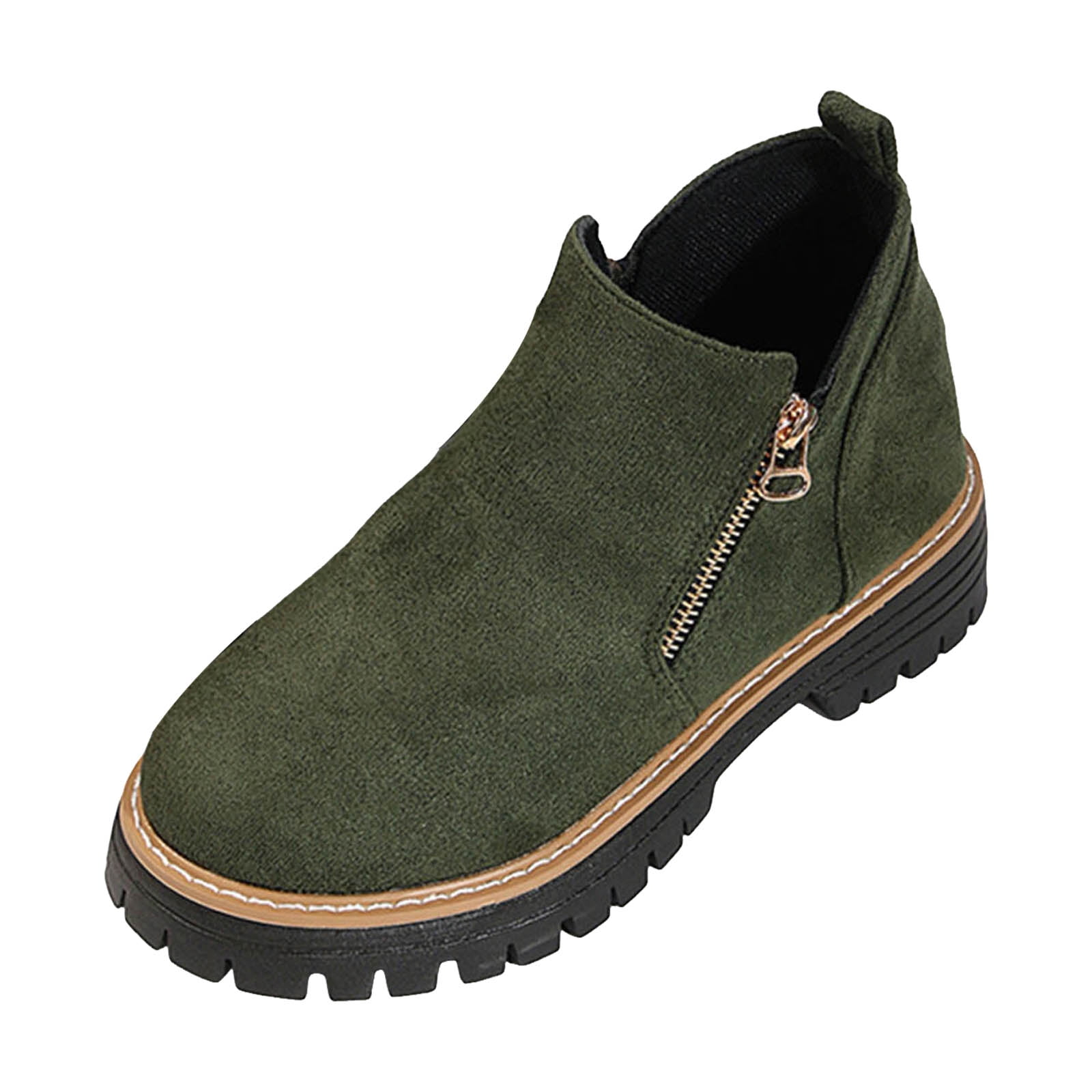 YLYL Suede Ankle Boots for Women Chunky Heel Side Zipper Round Toe Lug ...