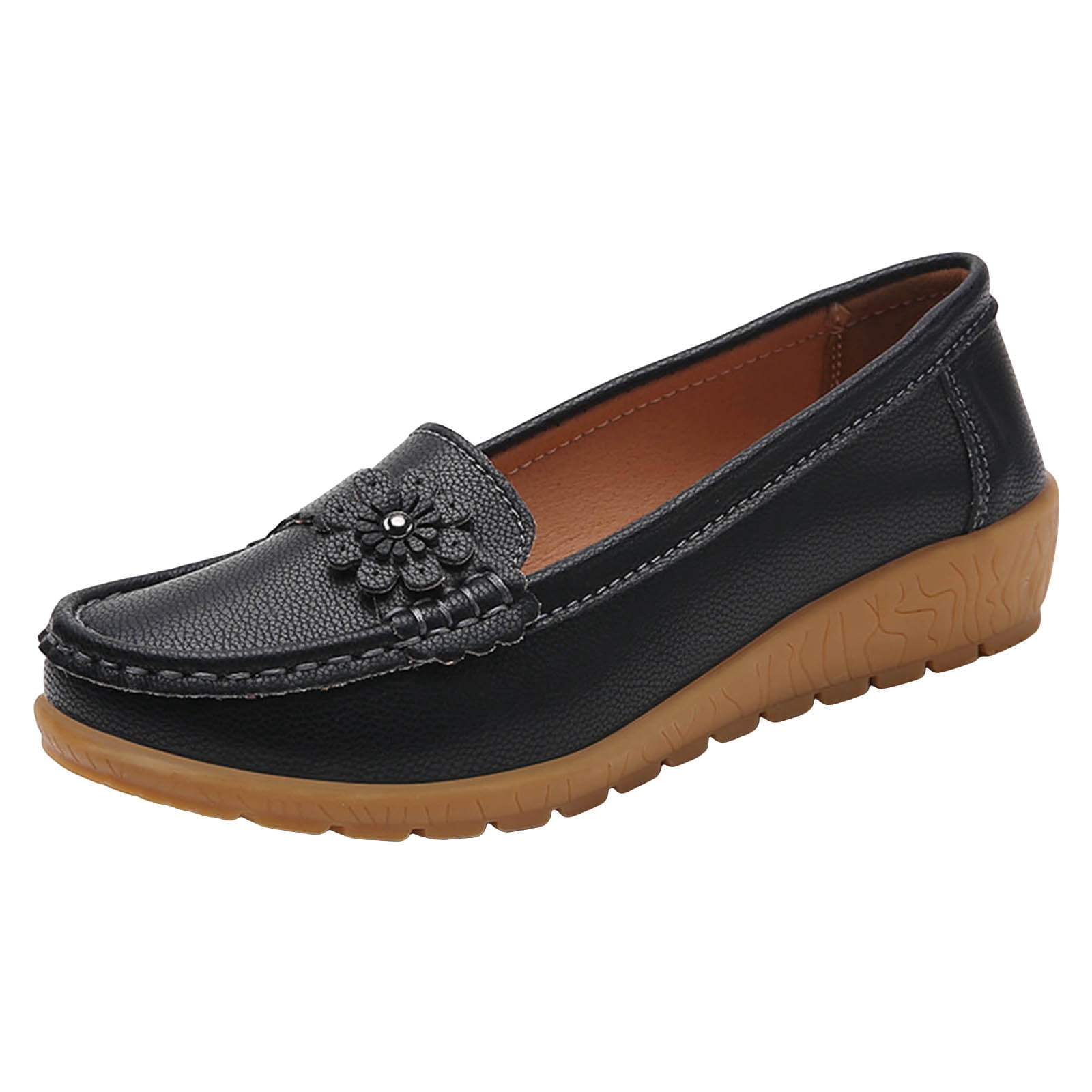 YLYL Women Leather Loafers Rubber Sole Slip on Casual Moccasin Walking ...
