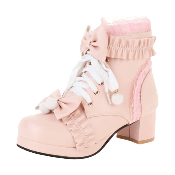 YLYL Women Platform Boots Lace up Heel Ankle Boots with Bow Winter ...