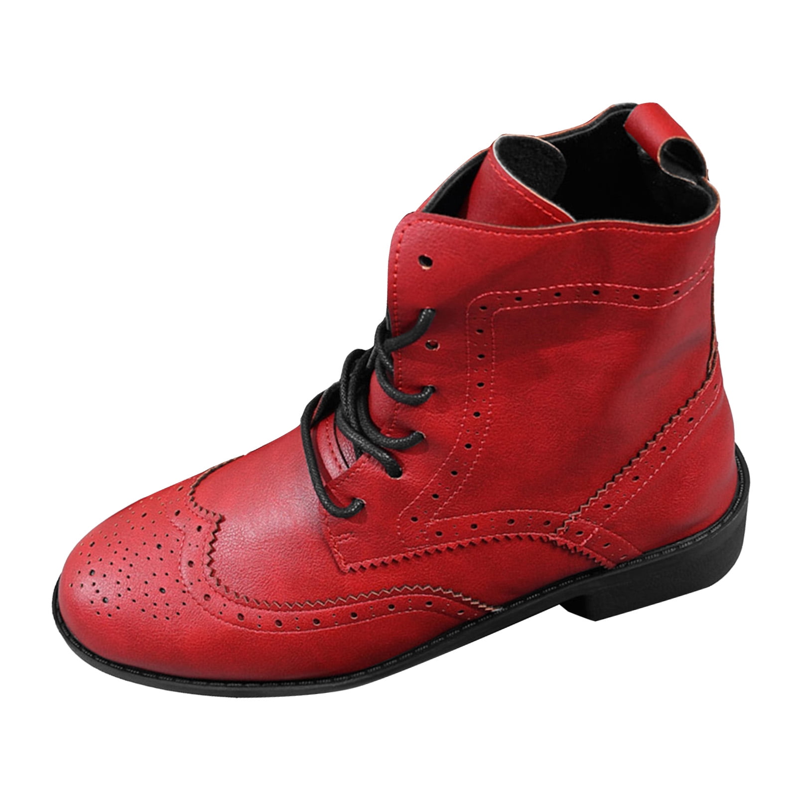 YLYL Women's Combat Ankle Boots Leather Lace up Round Toe Block Heels ...