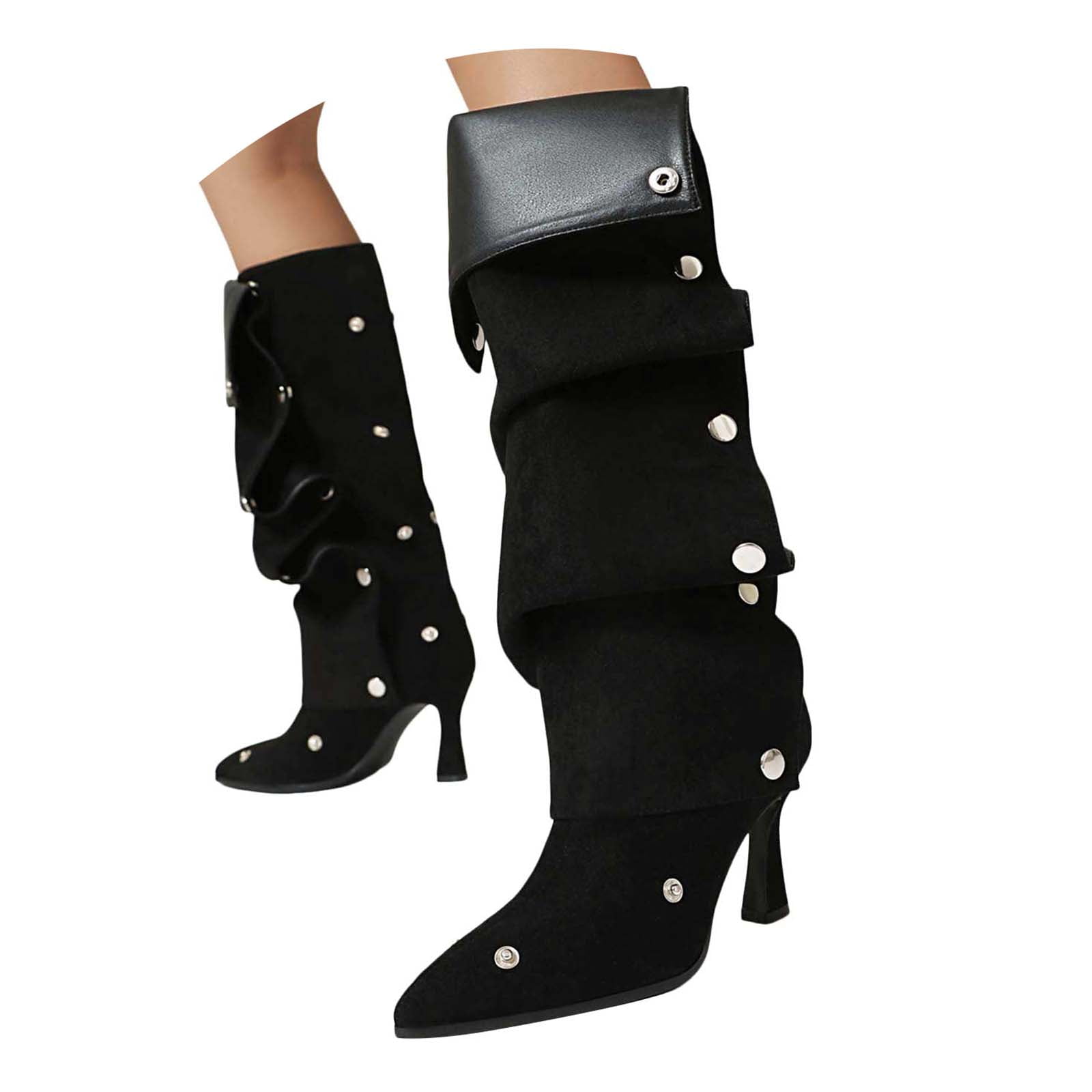 YLYL Women's Knee High Boots Stiletto Pointed Toe High Heels Wide Calf ...