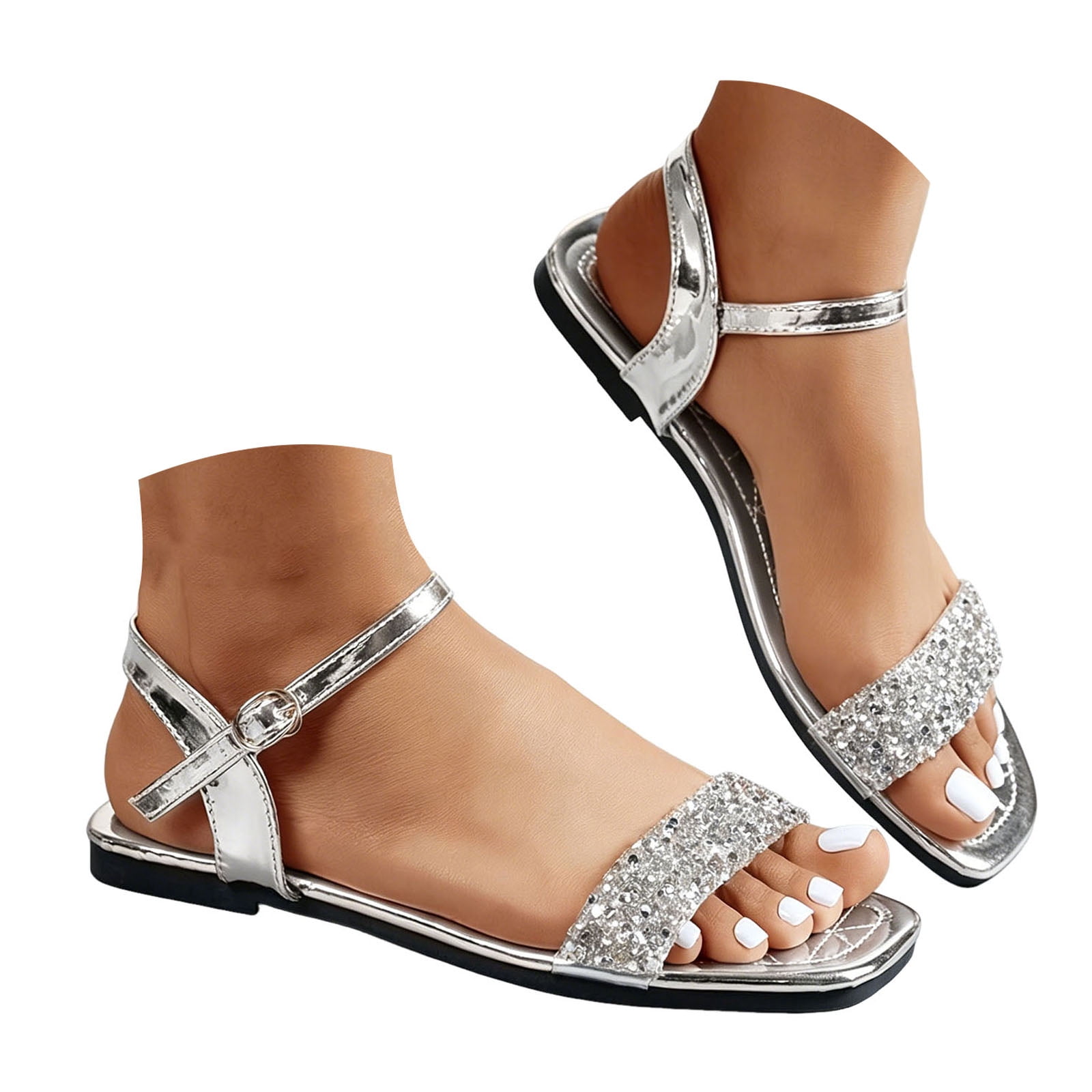 YLYL Women's Metallic Sparkly Flat Sandals Ankle Strap Open Toe Dressy ...