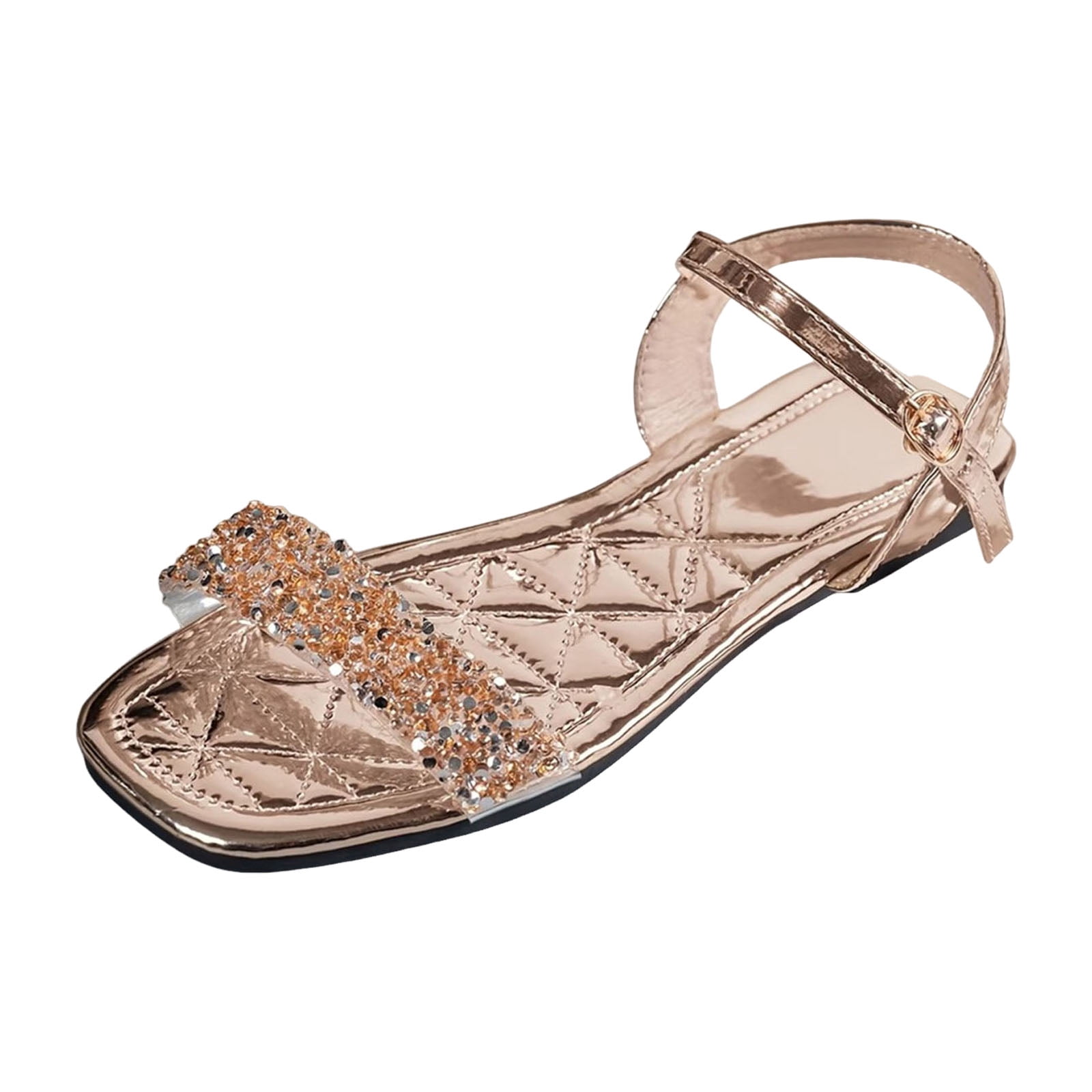 YLYL Women's Metallic Sparkly Flat Sandals Ankle Strap Open Toe Dressy ...