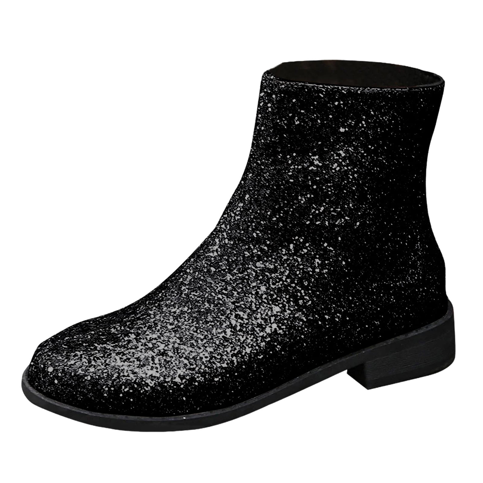 YLYL Women's Sequin Glitter Ankle Boot Side Zipper Chunky Heel Round ...