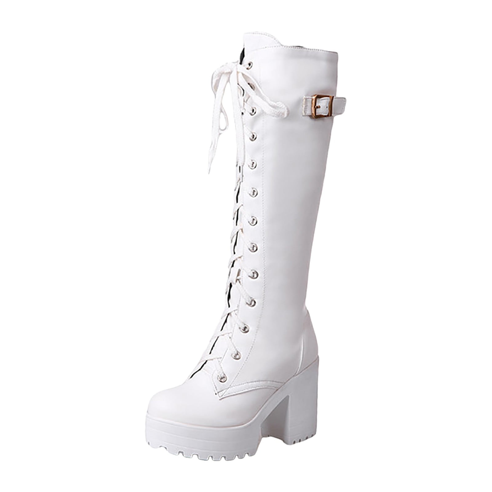 YLYL Women's Platform Knee High Boots Buckle Round Toe Chunky High Heel ...