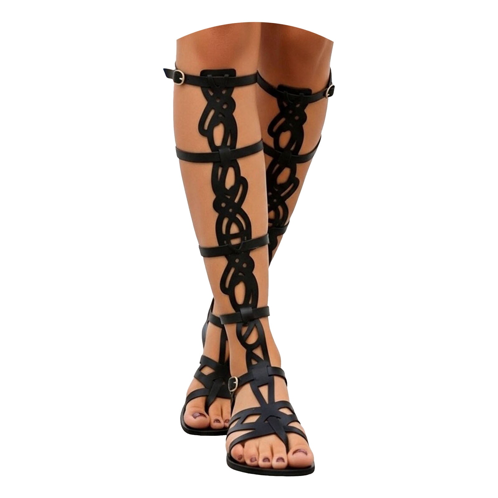 YLYL Womens Knee High Caged Gladiator Strappy Flat Sandals Cross Strap ...