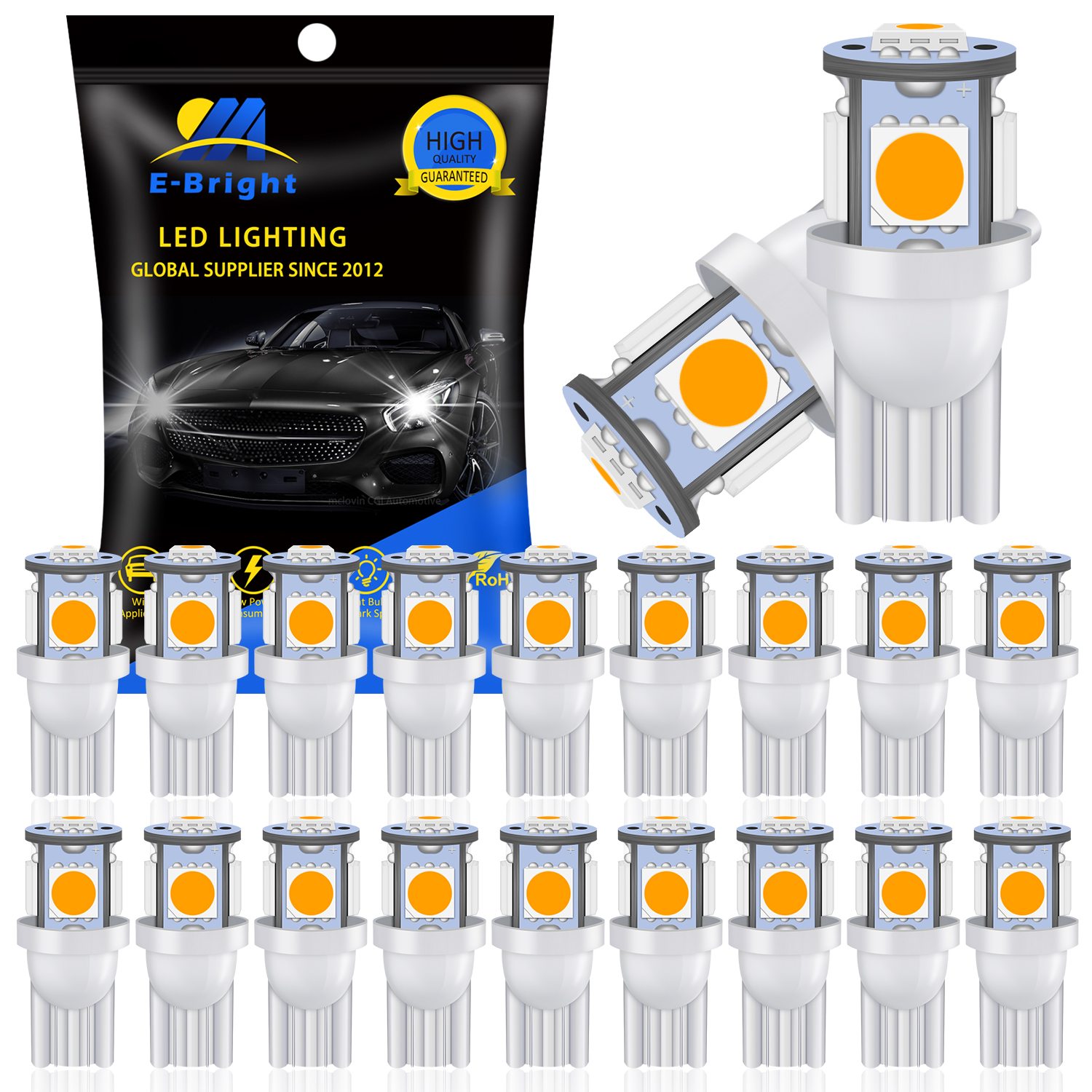 YM E-Bright 20-Pack 194 Led Bulb 5050 5-SMD T10 194 168 W5W 2825 LED ...