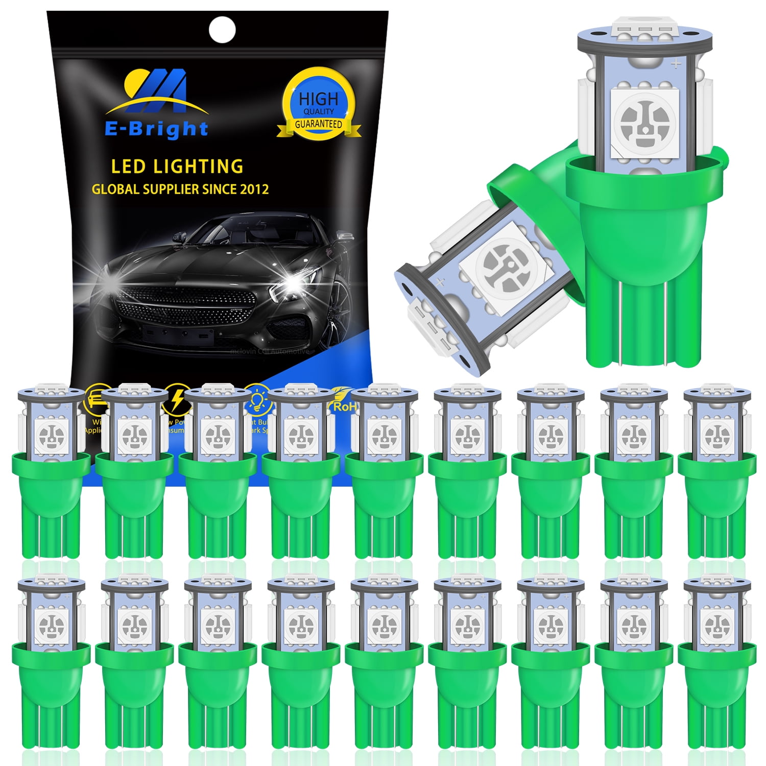 YM E-Bright Green T10 194 168 2825 W5W 5050 5-SMD LED Bulb for Car ...