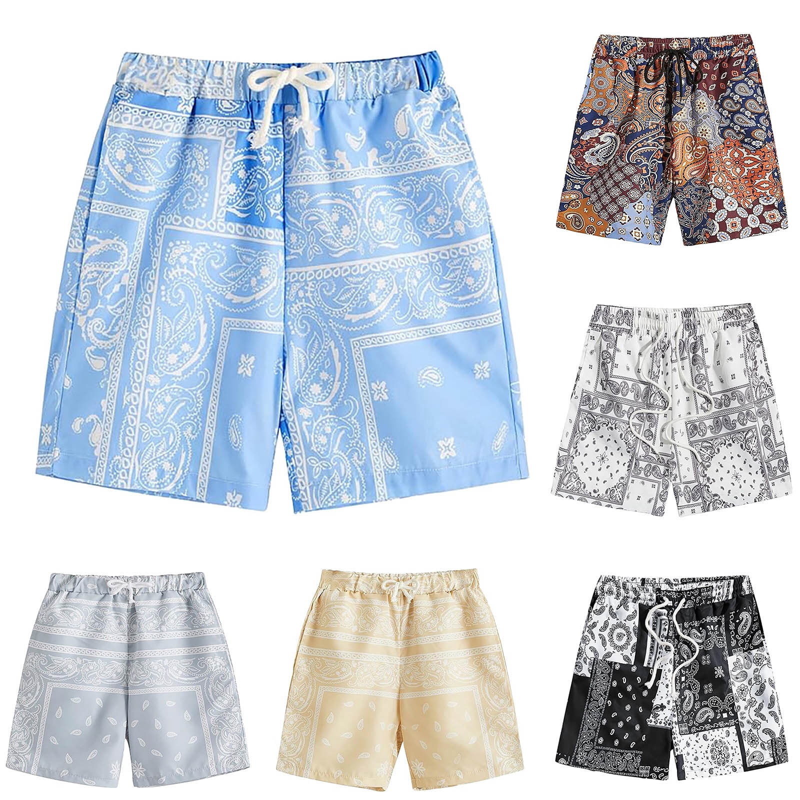 YM Mens Shorts Boho Tribal Paisley Print Drawstring Waist Summer Beach ...
