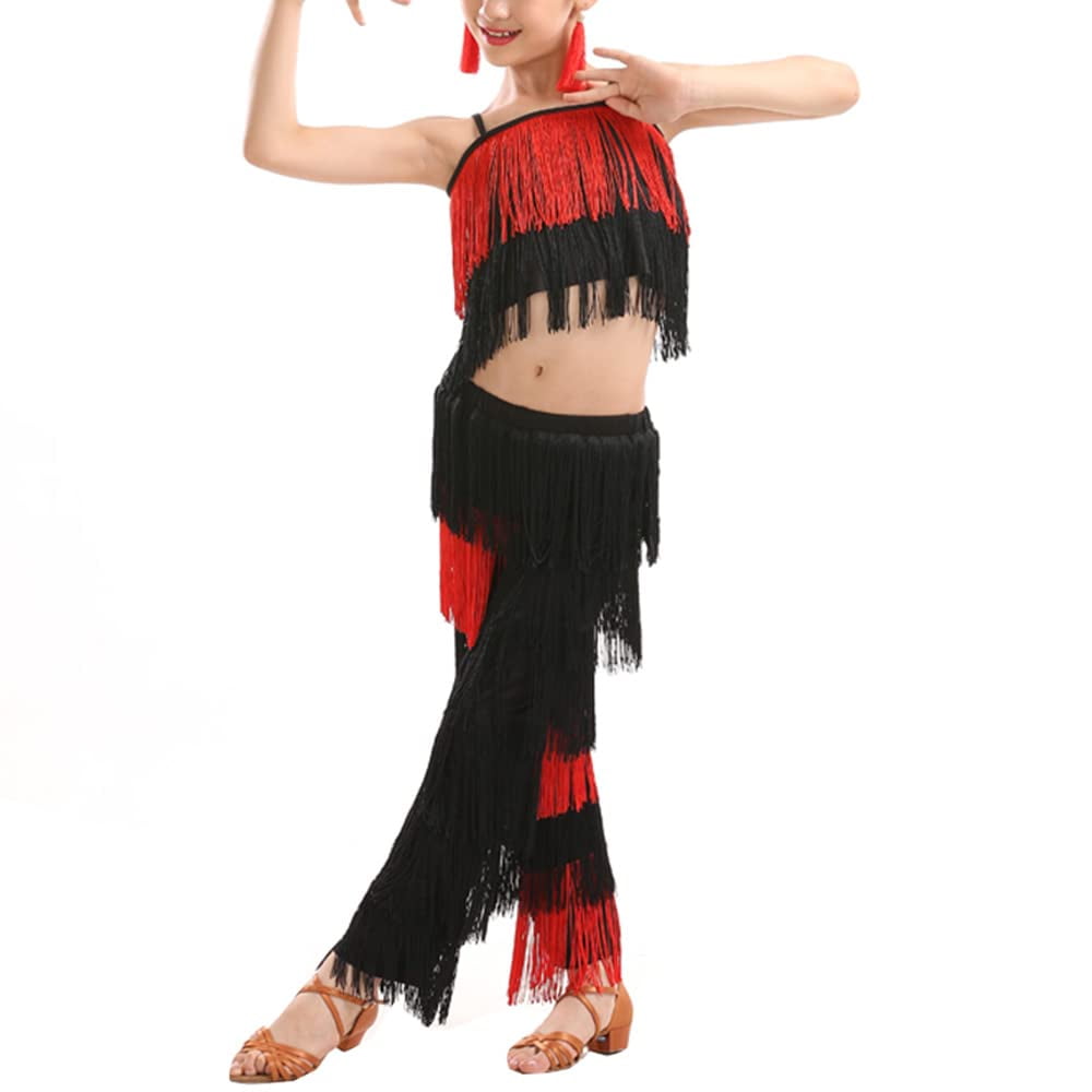 YM YOUMU Girls 2 Piece Set Latin Ballroom Dance Costume Set Tassel ...
