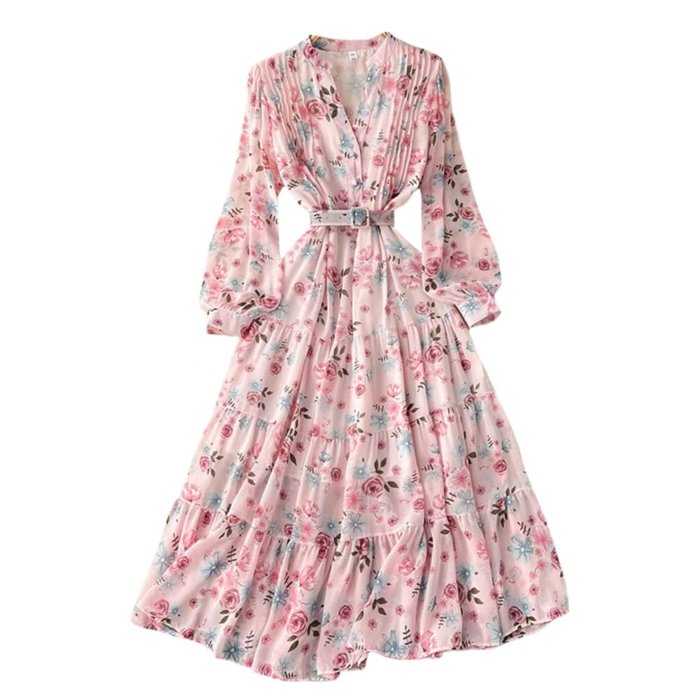 YM YOUMU Women Button Up Floral Print Chiffon Midi Dress with Belt Long ...