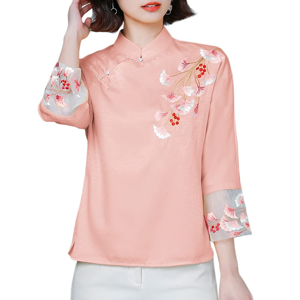 YM YOUMU Women Chinese Ethnic Floral Embroidery Shirt 3/4 Sleeve Frog Button Mandarin Collar ...