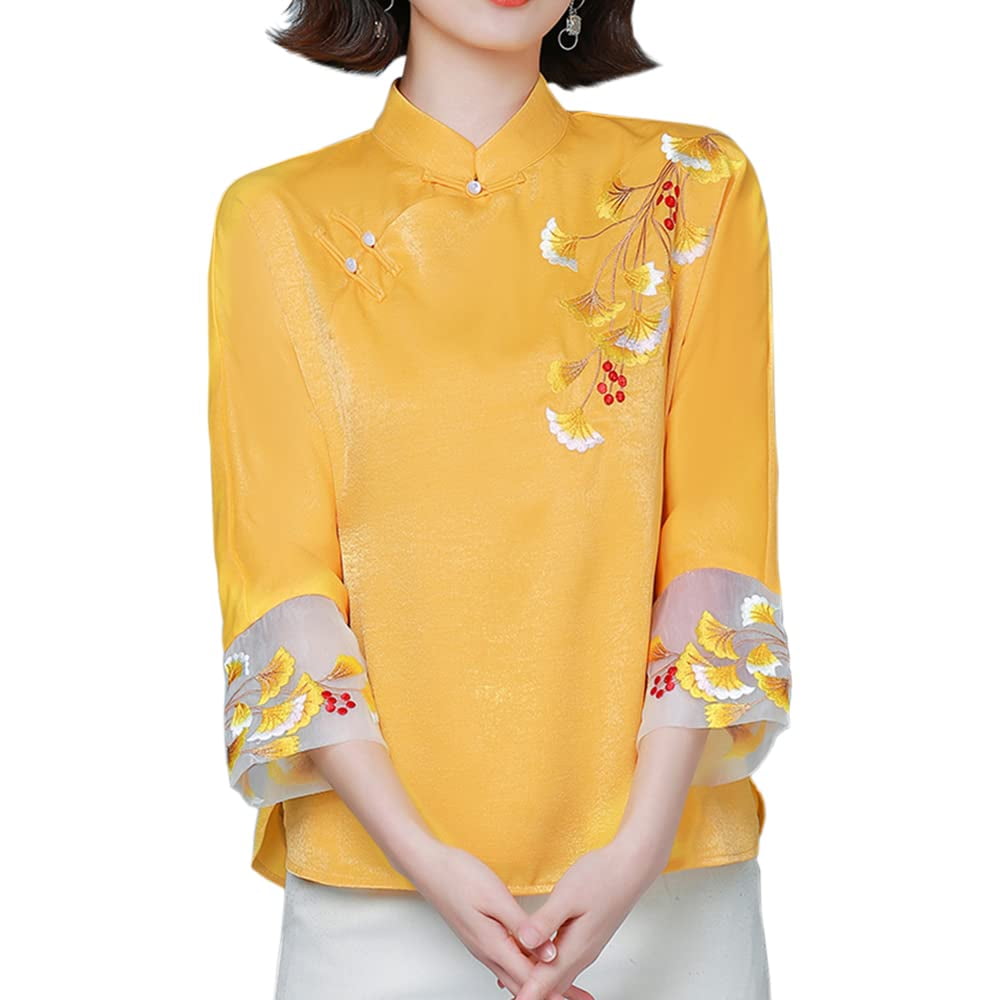 YM YOUMU Women Chinese Ethnic Floral Embroidery Shirt 3/4 Sleeve Frog Button Mandarin Collar ...