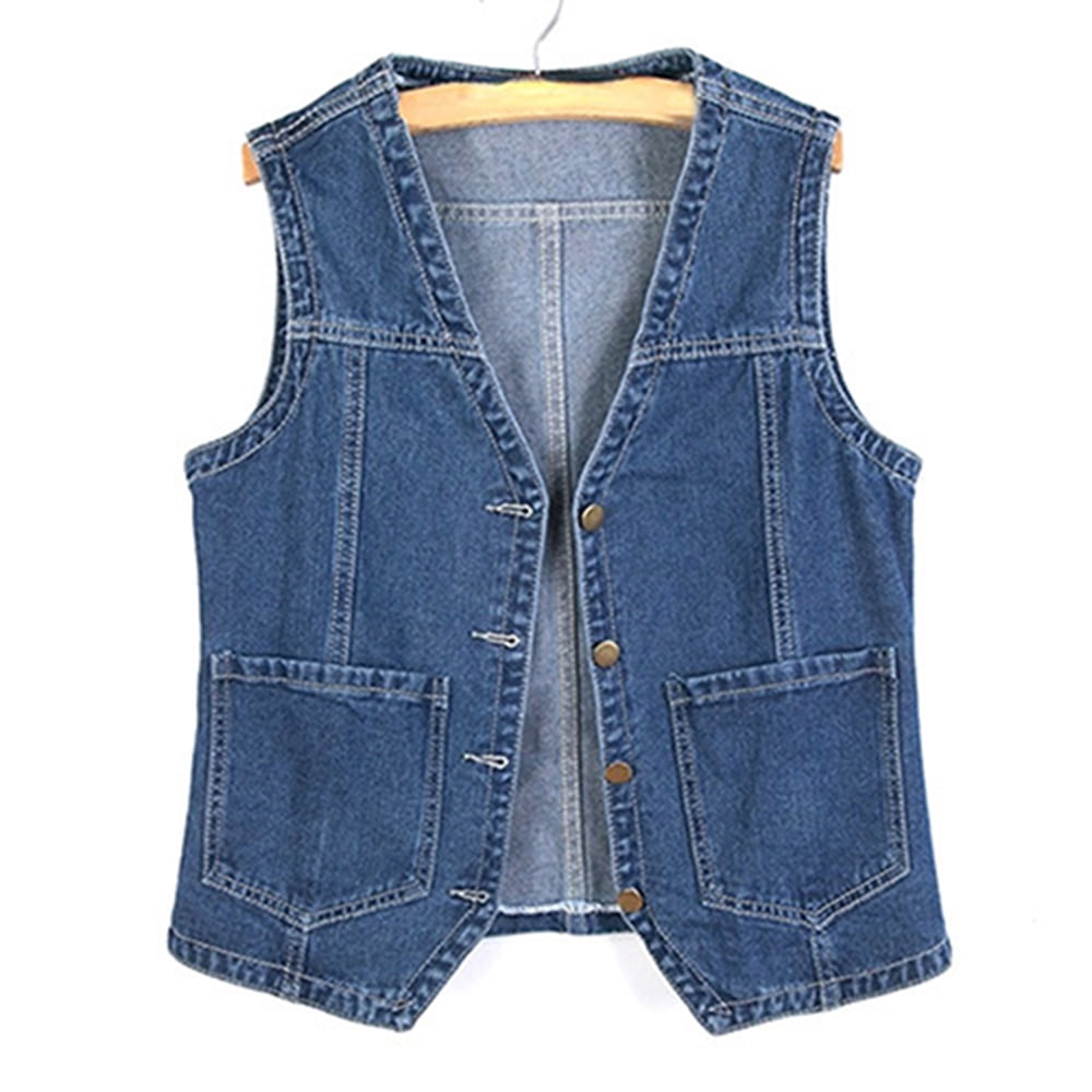 YM YOUMU Women Denim Vest V-neck Single-breasted Sleeveless Waistcoat ...