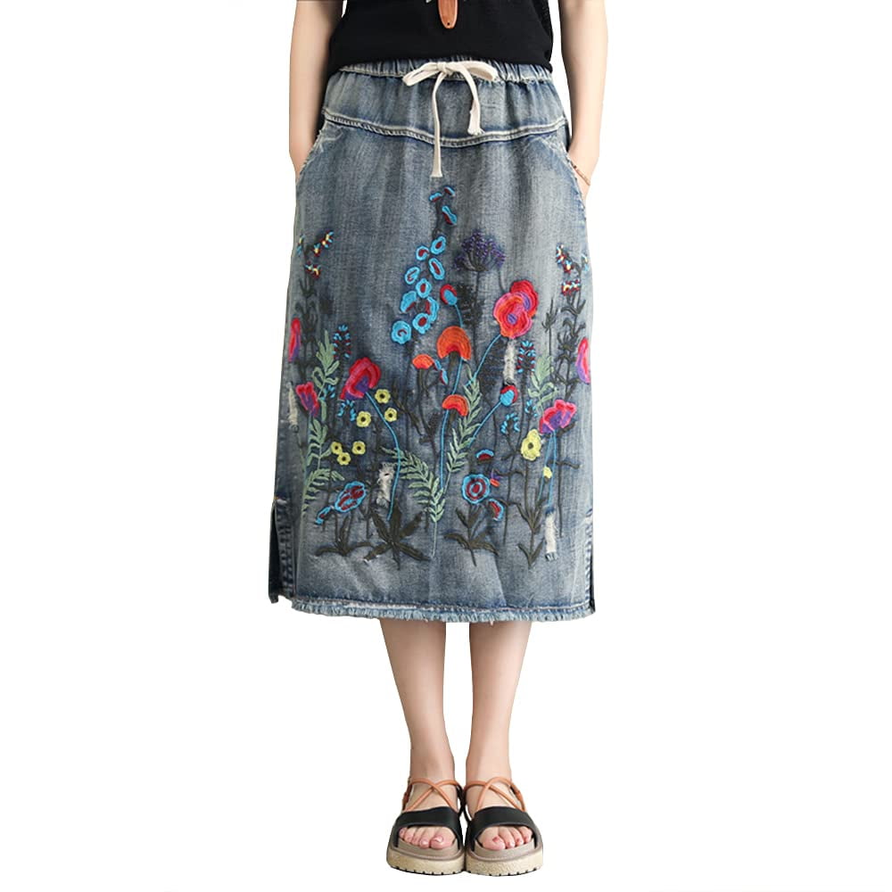 YM YOUMU Women's Floral Embroidery Denim Midi Skirt with Drawstring ...